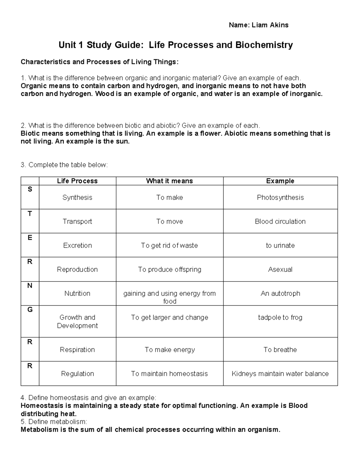 Copy of Unit 1 Study Guide - Name: Liam Akins Unit 1 Study Guide: Life ...