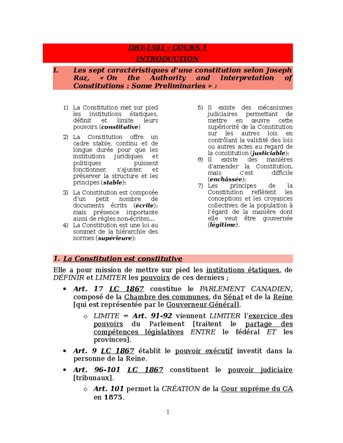 Cours 1 - Introduction - DRT-1501 - COURS 1 INTRODUCTION I. Les sept ...