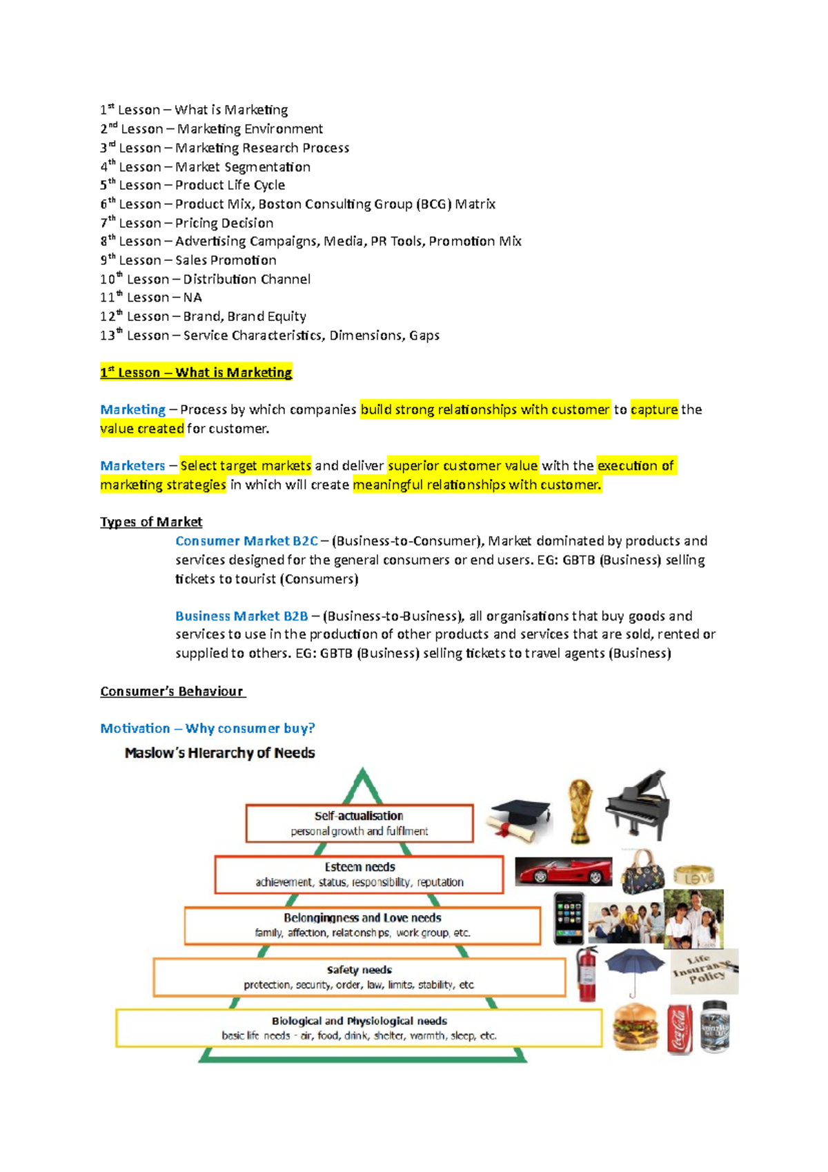B216 Marketing Notes - 1 st Lesson – What is Marketing 2 nd Lesson ...