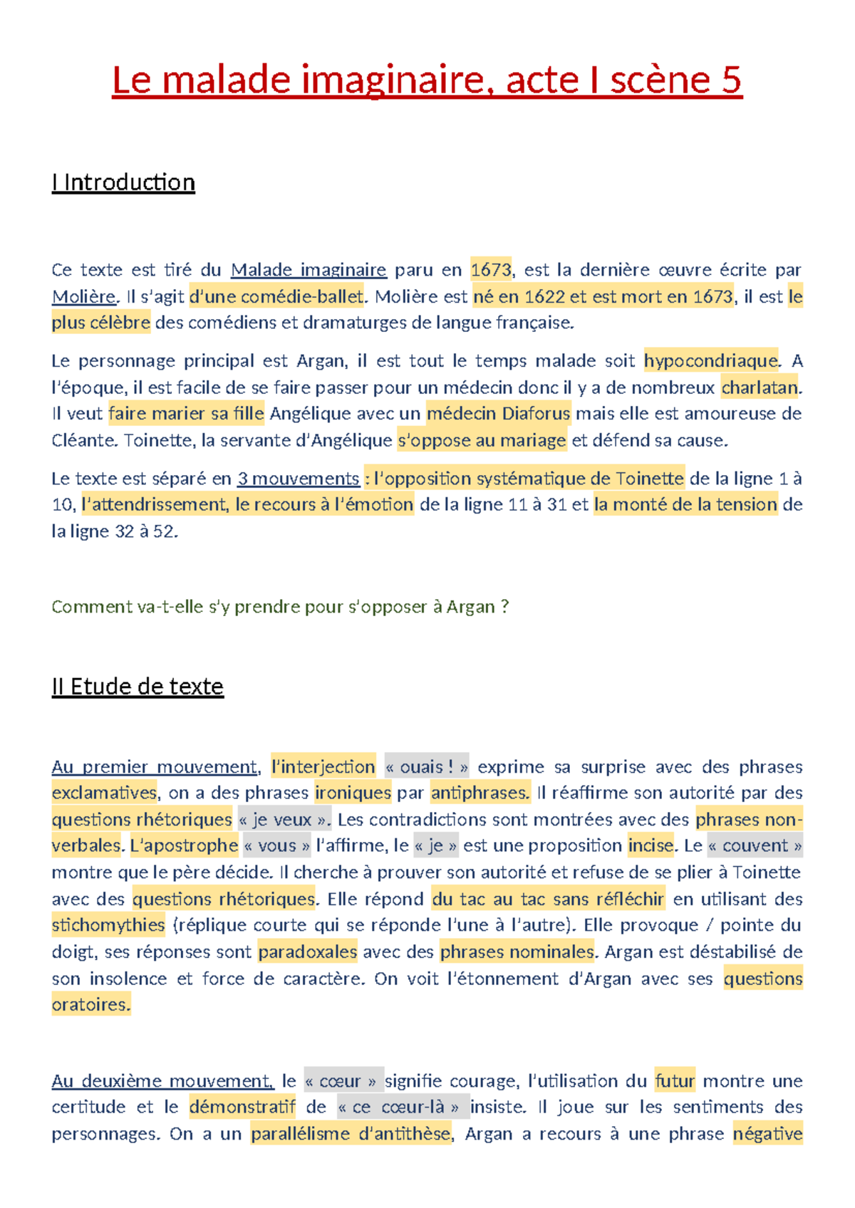 Lecture linéaire : Le malade imaginaire, acte I scène 5 - Le malade ...