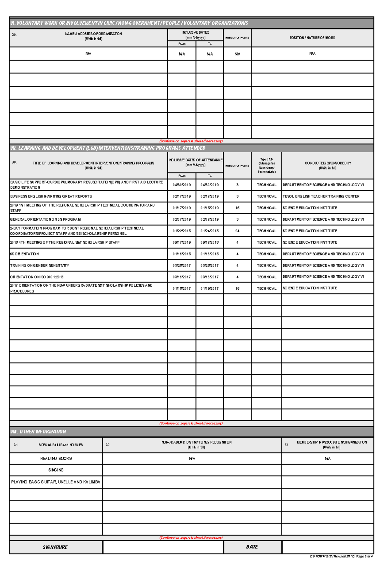 CS Form No. 212 PDS revised JMC C3 - From To N/A N/A N/A From To 04/30 ...