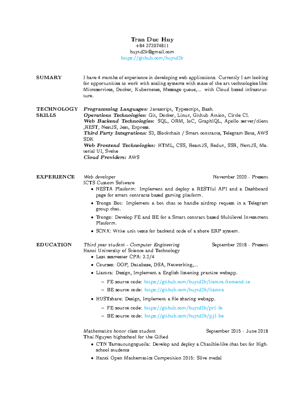CV huytd - dsadsd - Tran Duc Huy +84 373974811 huytd2k@gmail github/huytd2k SUMARY I have 4 ...
