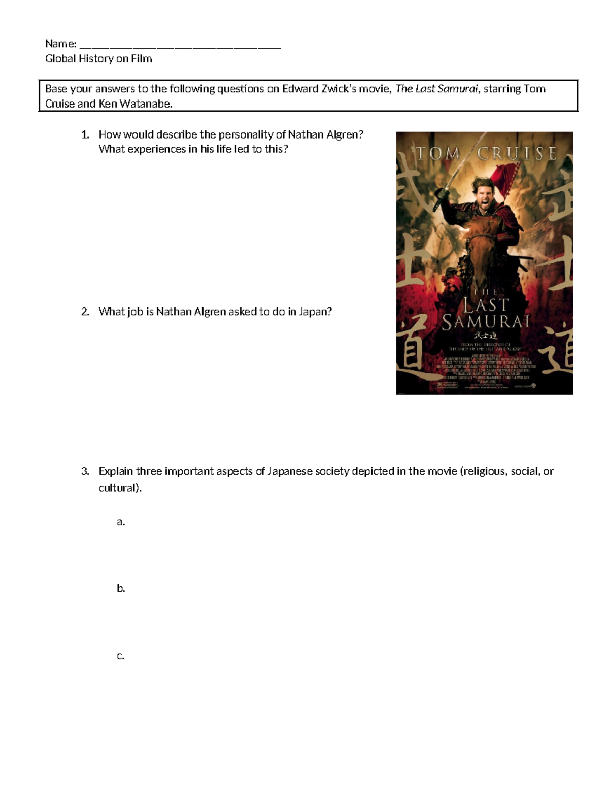 Global History on Film- The Last Samurai Questions - Name