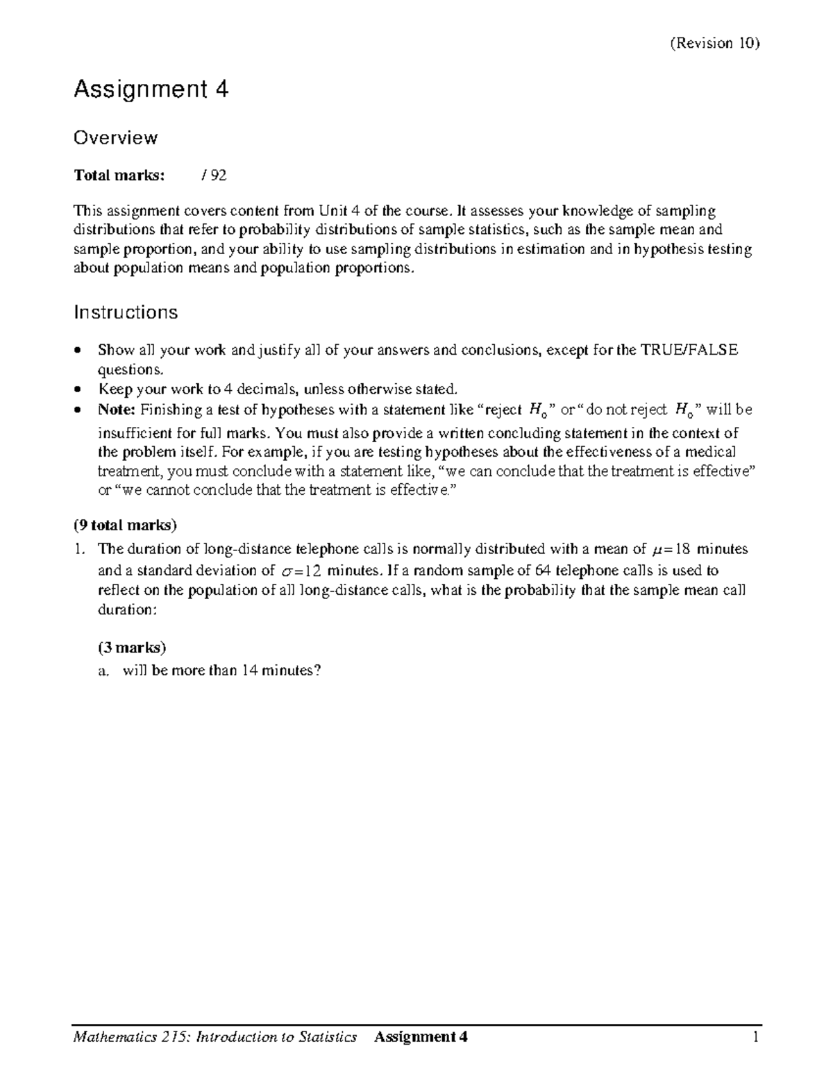 Assignment 04 Math 215 - (Revision 10) Assignment 4 Overview Total ...