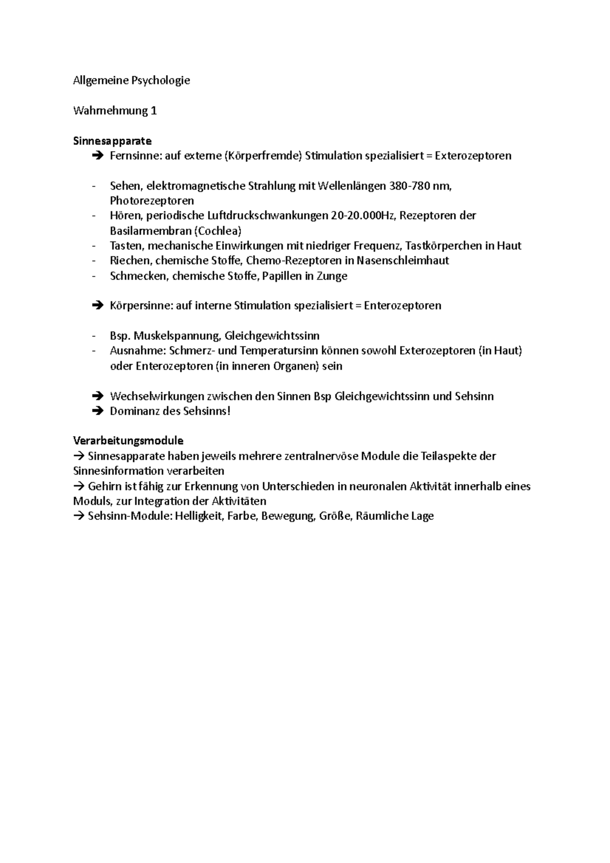 Allgemeine Psychologie des Menschen - Zusammenfassung (u.a. Anatomie und Physiologie ...