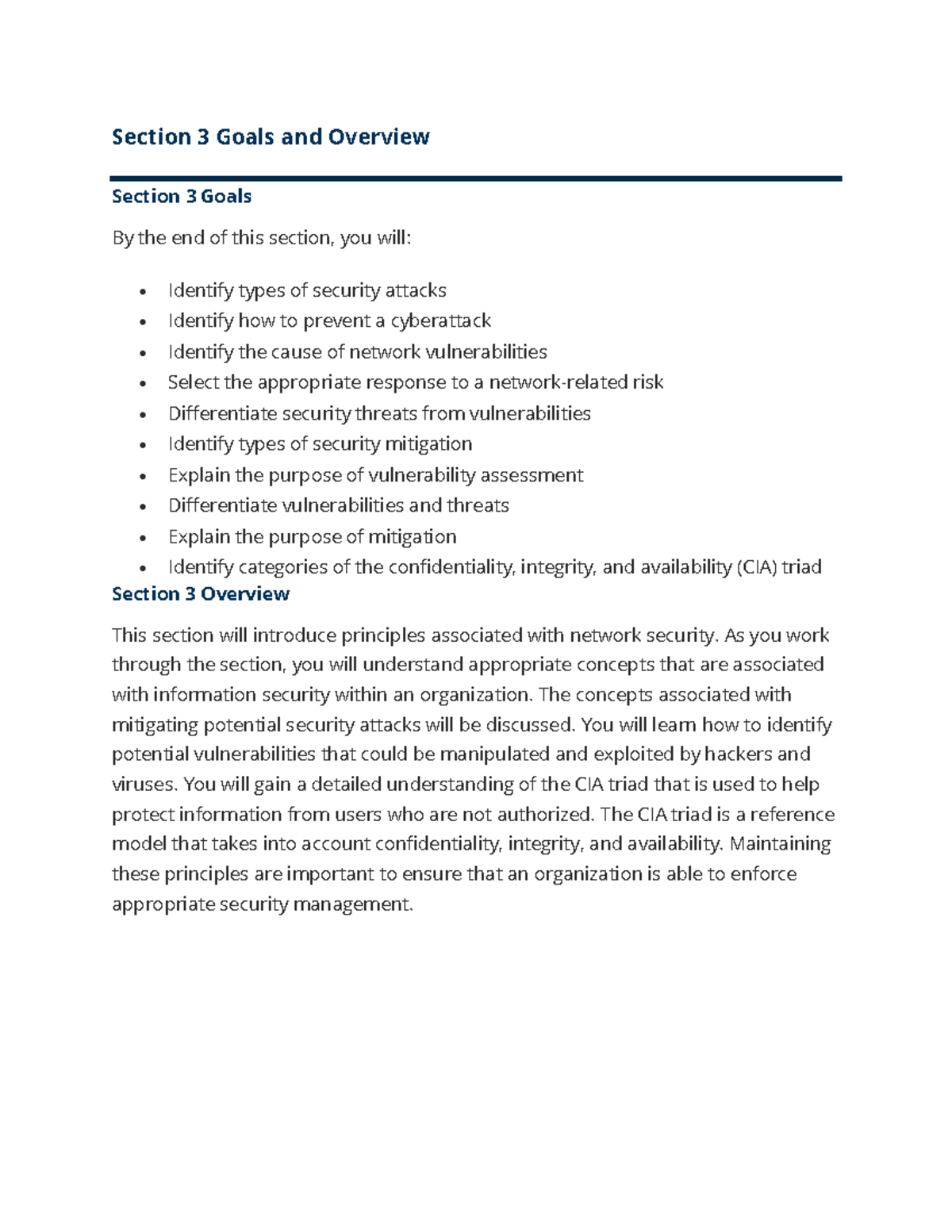Section 3 - Introduction to Networking Security - Section 3 Goals and ...