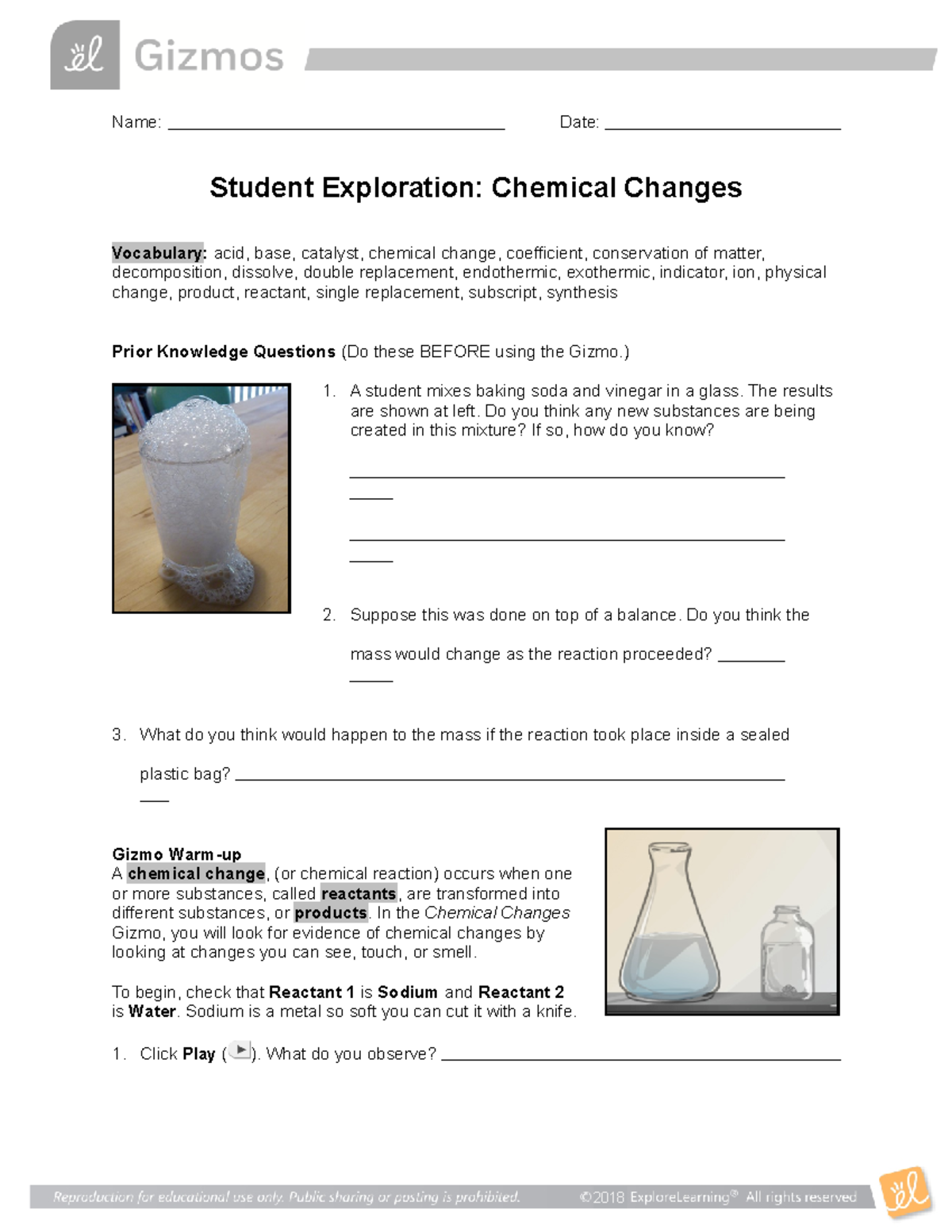 Chemical Changes Gizmo - Prior Knowledge Questions & Gizmo Warm-up ...