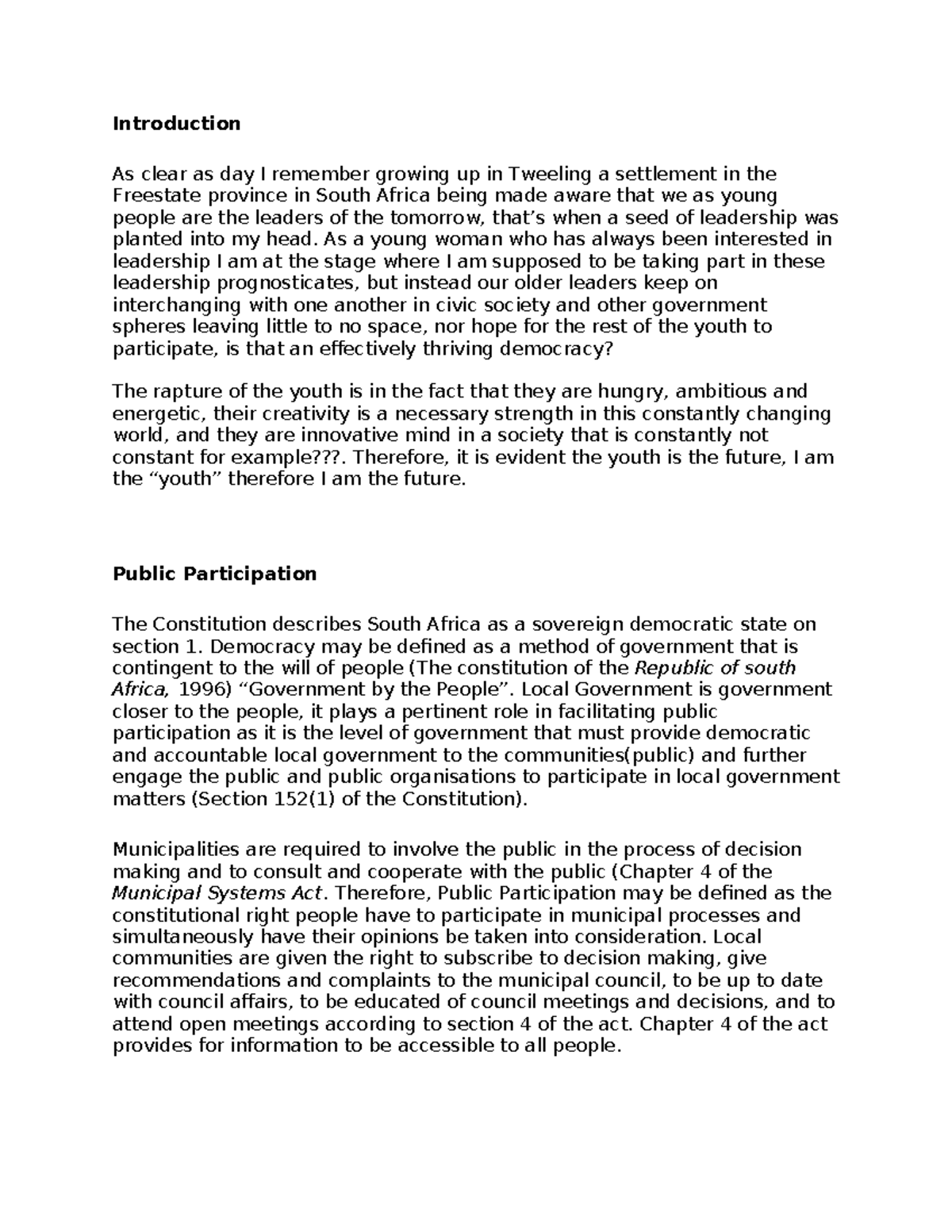 youth participation assignment - Introduction As clear as day I ...