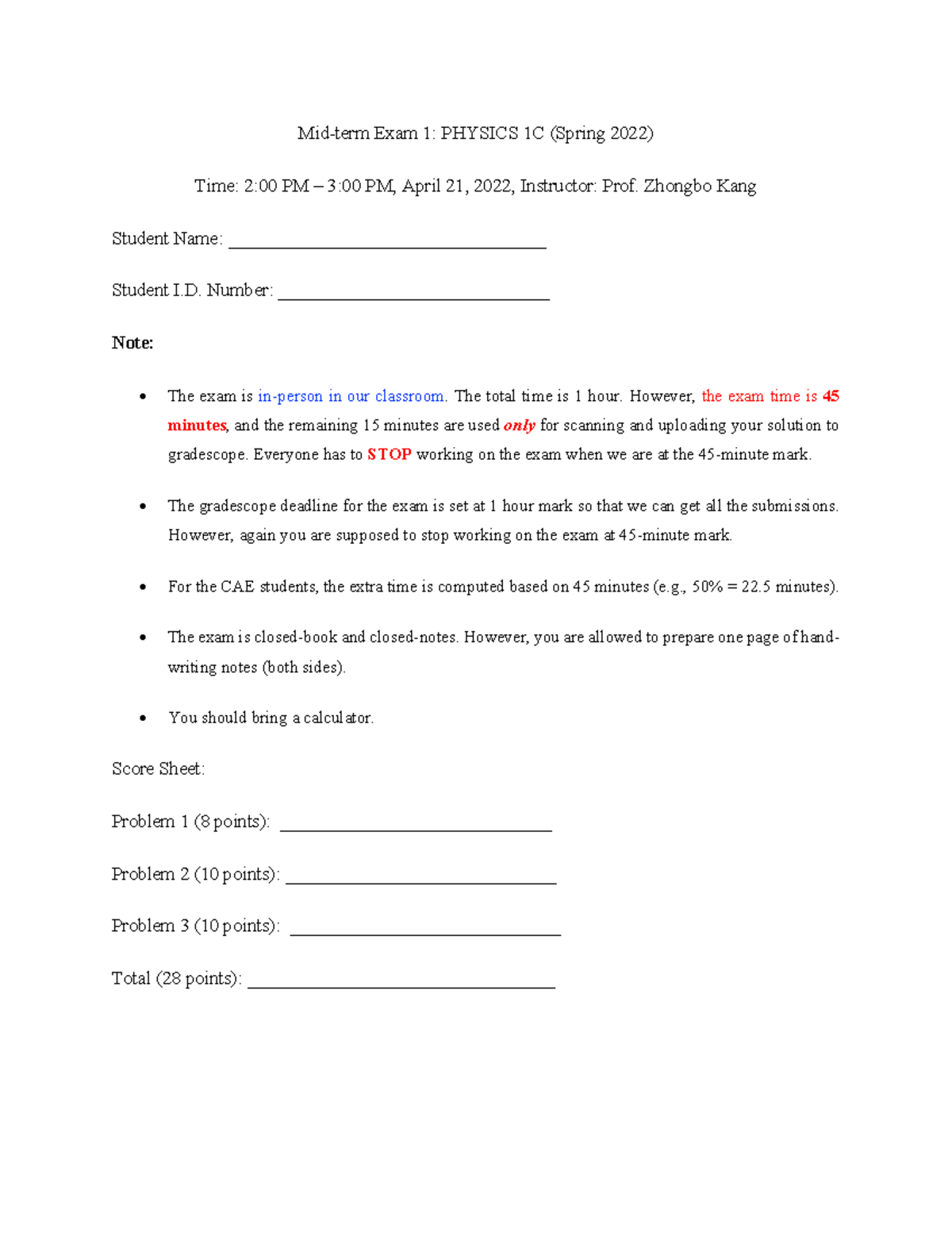 2022 Spring mid term 1 - Midterm Exam 1 for Physics 1C - Mid-term Exam ...