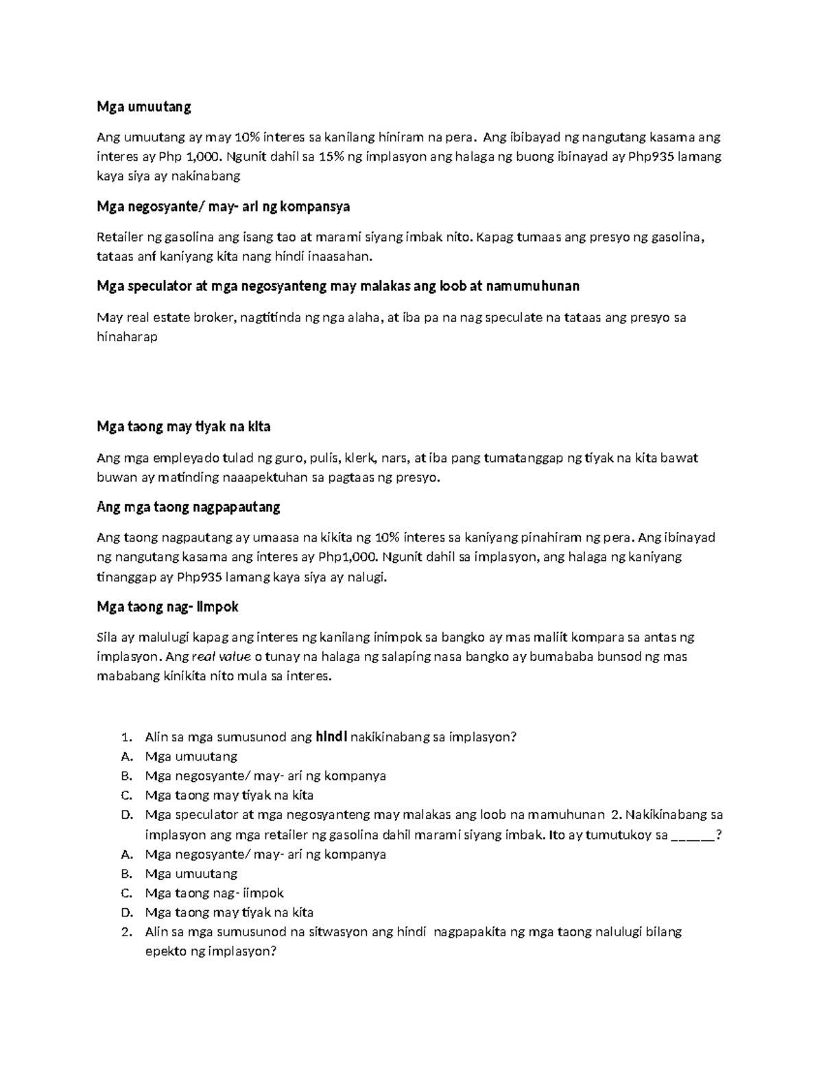 Epekto ng implasyon - Mga umuutang Ang umuutang ay may 10% interes sa ...