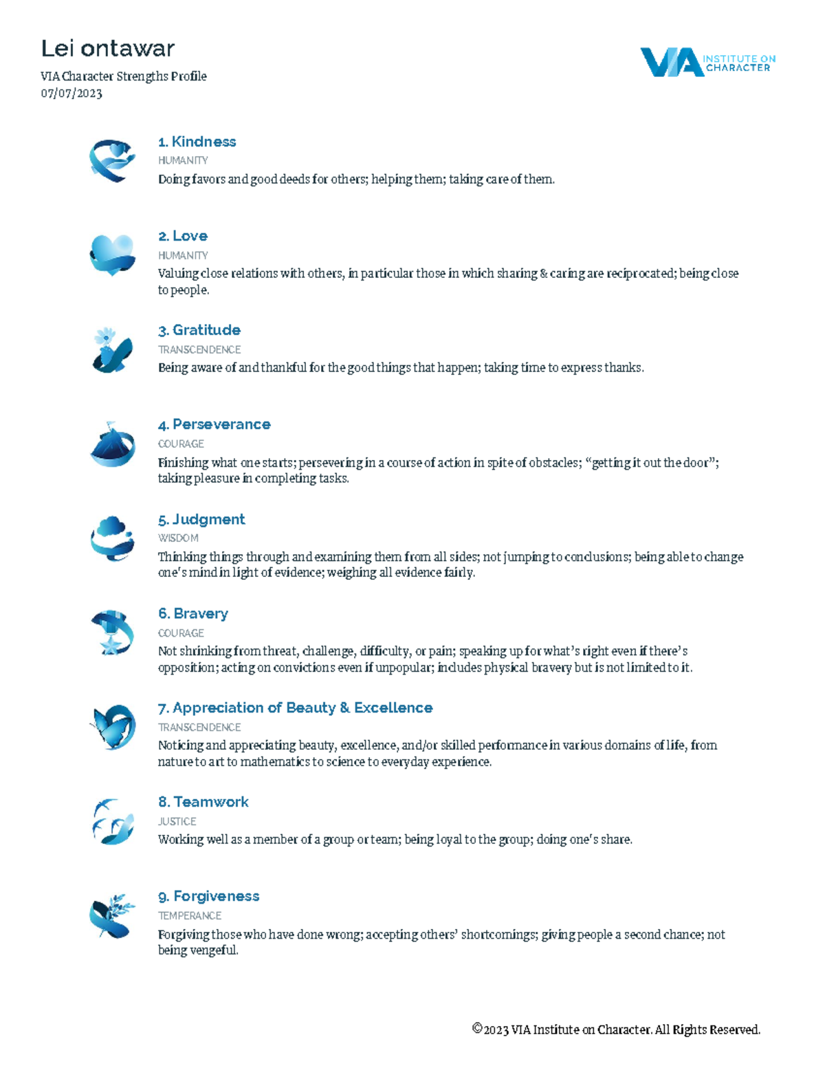 VIA Character Strengths Activity - Ontawar, LEI I. (BSN103 ...