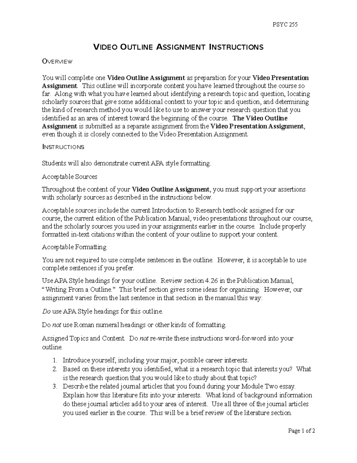 Video Outline Assignment Instructions - PSYC 255 VIDEO OUTLINE ...