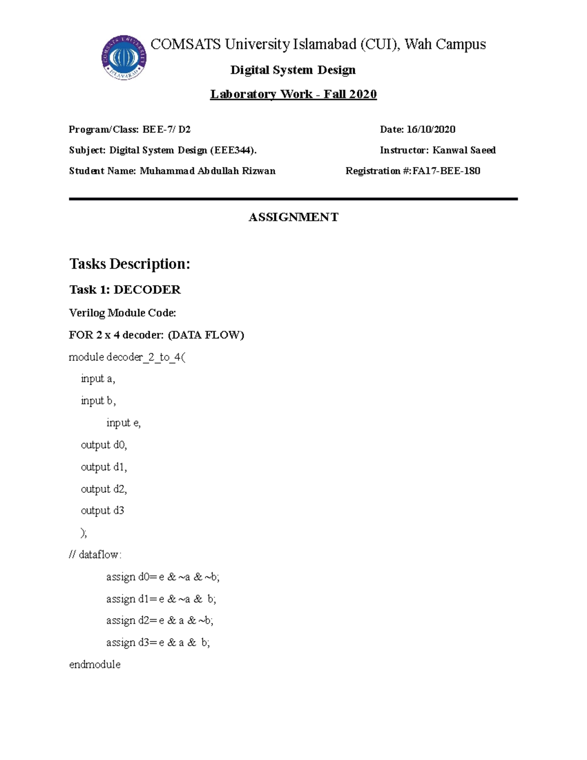 Verilog Module1 - Digital System Design Laboratory Work - Fall 2020 ...