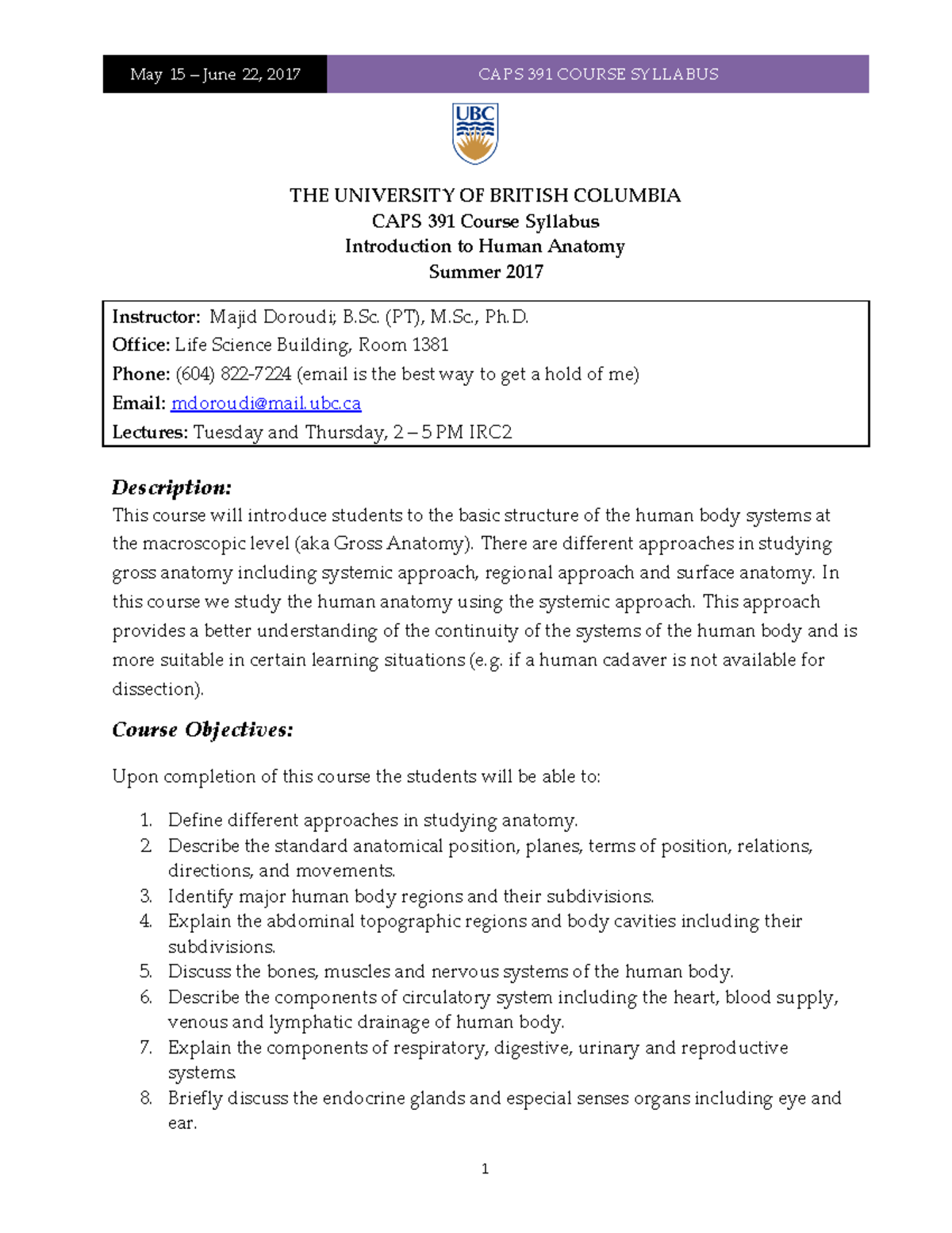 CAPS 391 Course Syllabus Introduction to Human Anatomy - THE UNIVERSITY ...
