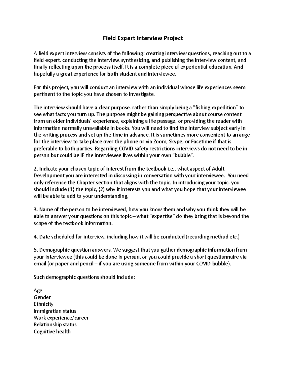 Field interview instruction - Field Expert Interview Project A field ...