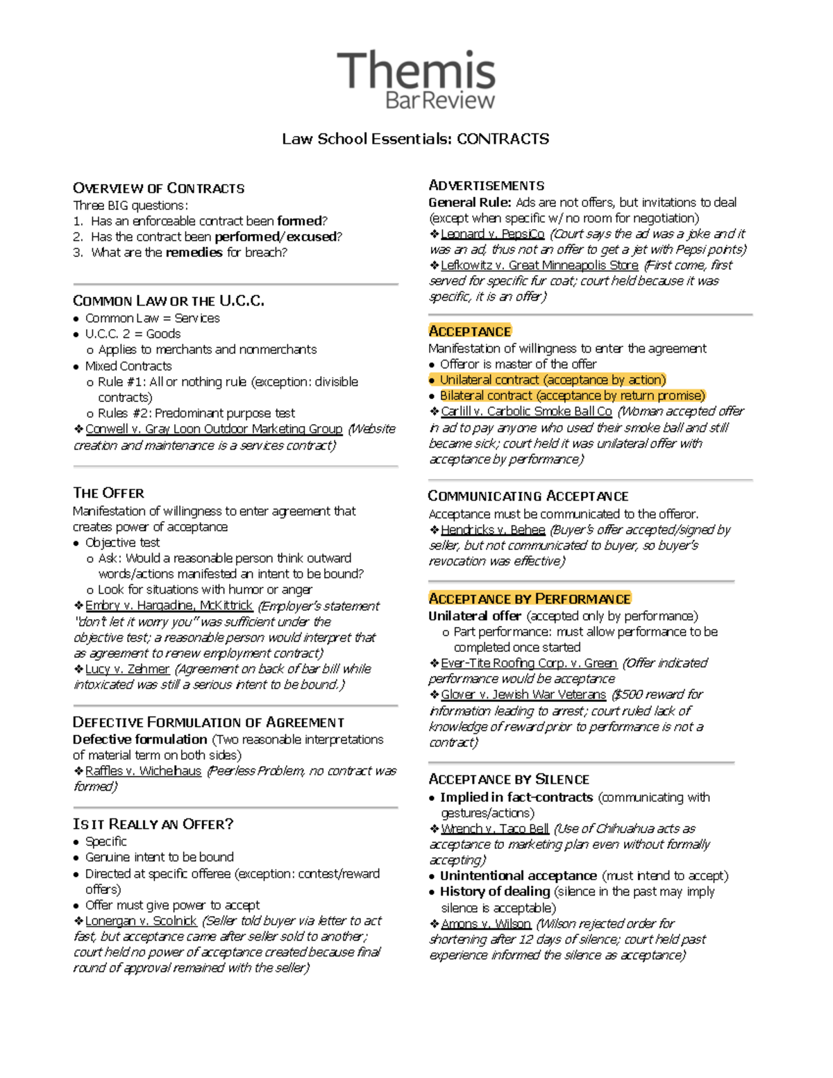 Contract handout - Law School Essentials: CONTRACTS OVERVIEW OF ...