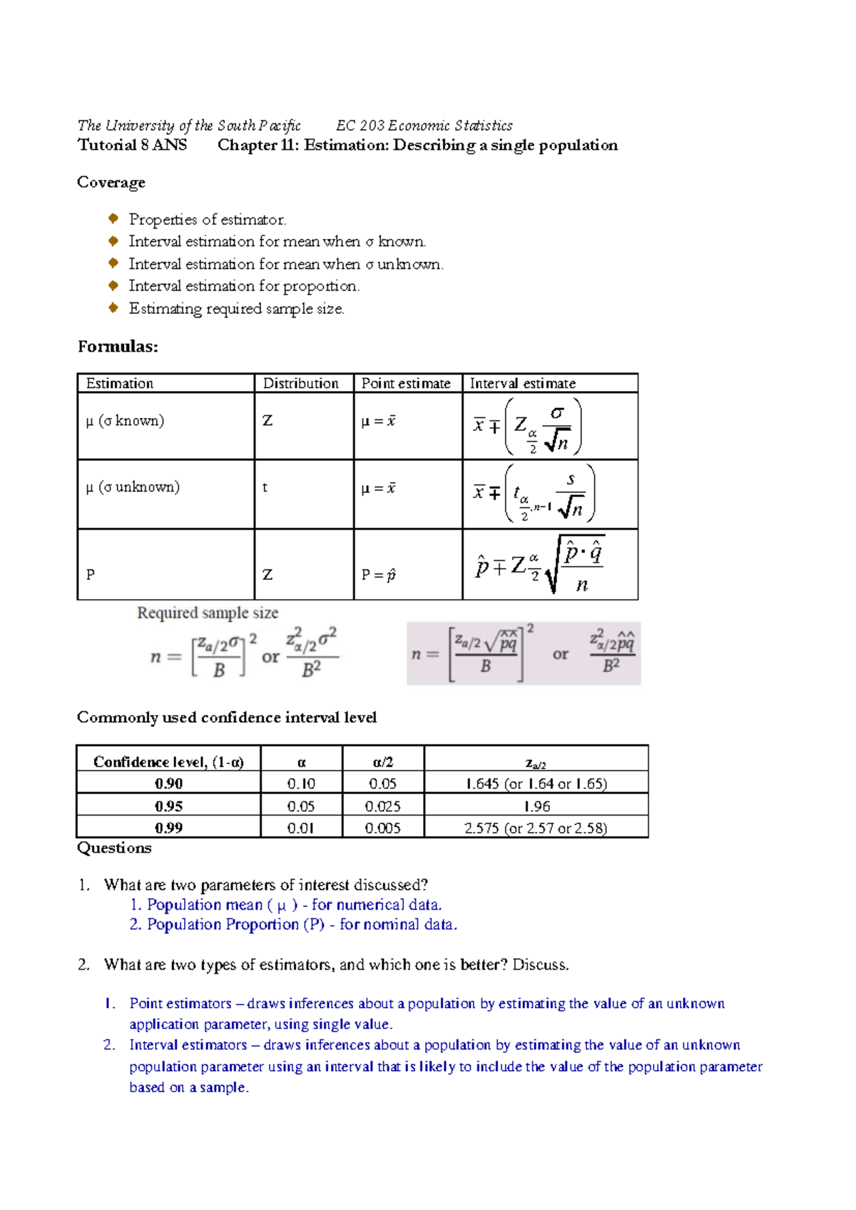 Week 8 Tutorial 8 Estimation - The University of the South Pacific EC 203 Economic Statistics ...