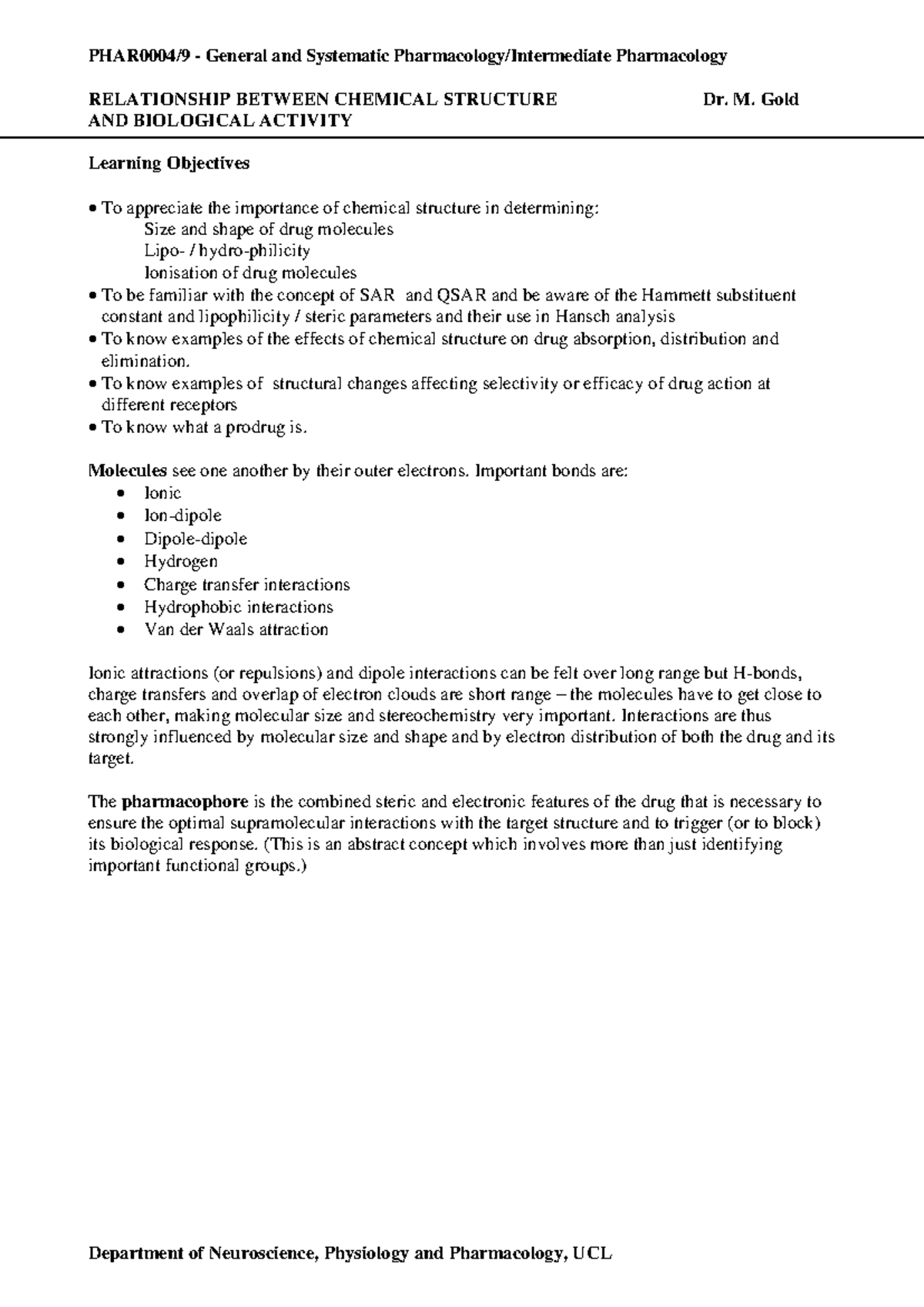 41 PHAR0004 9 Drug SAR MG 2018 notes - PHAR0004/9 - General and ...