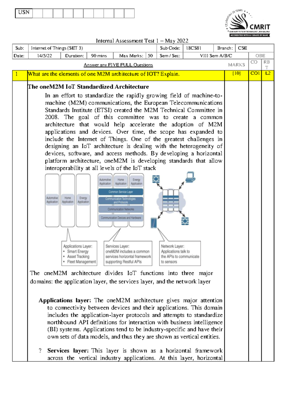 IAT-I Question Paper with Solution of 18CS81 Internet Of Things May-2022-Sreedevi N - USN ...