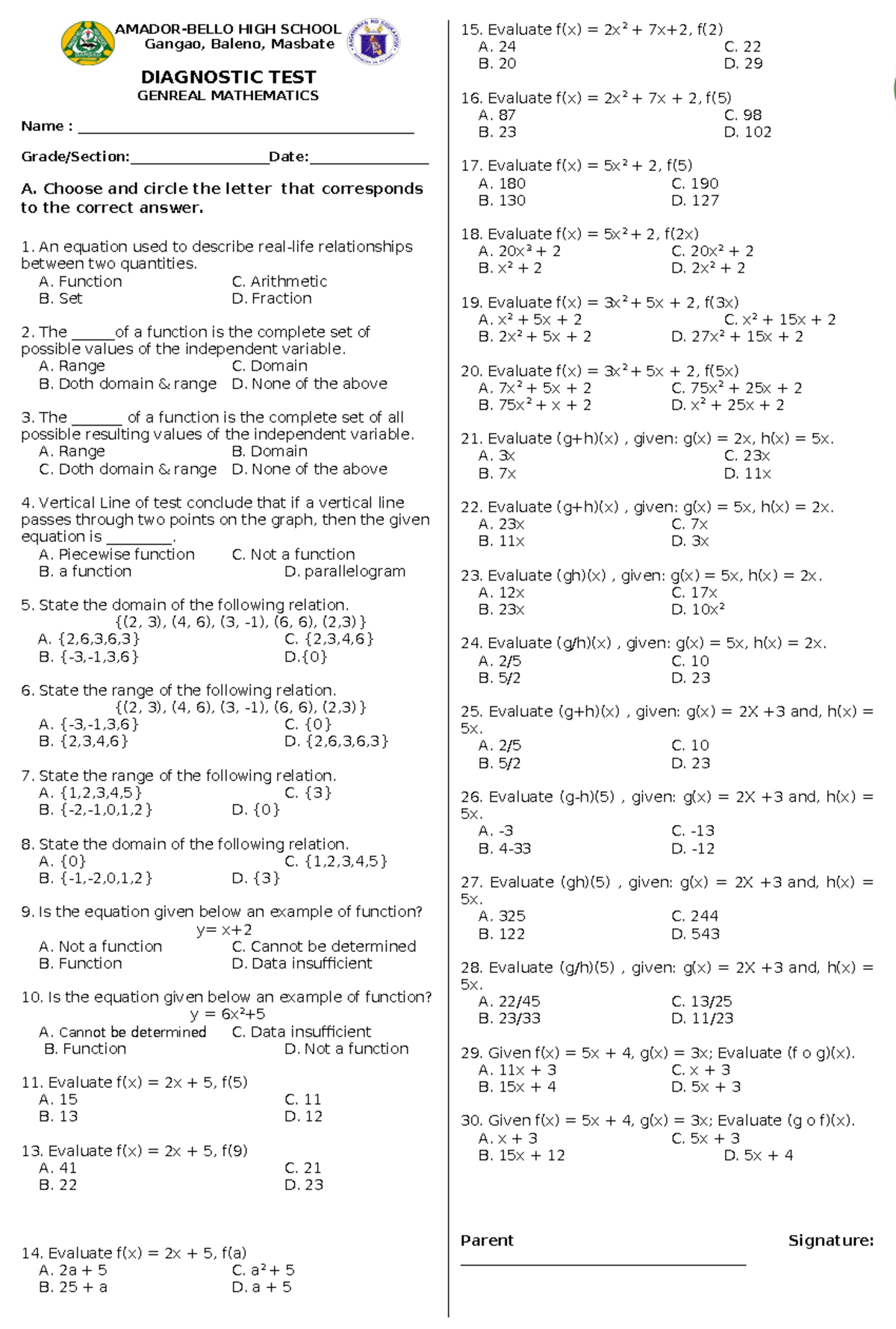 Test Materials for Grade 10 Mathematics Part 3 - AMADOR-BELLO HIGH ...
