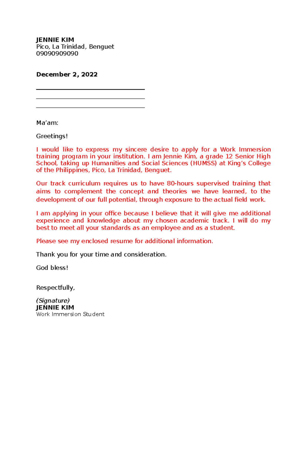Application- Letter- Template - JENNIE KIM Pico, La Trinidad, Benguet ...
