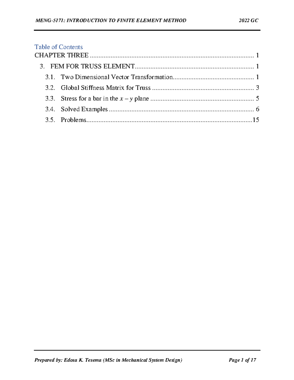 3. FEM for Truss Element - Table of Contents CHAPTER THREE FEM FOR ...