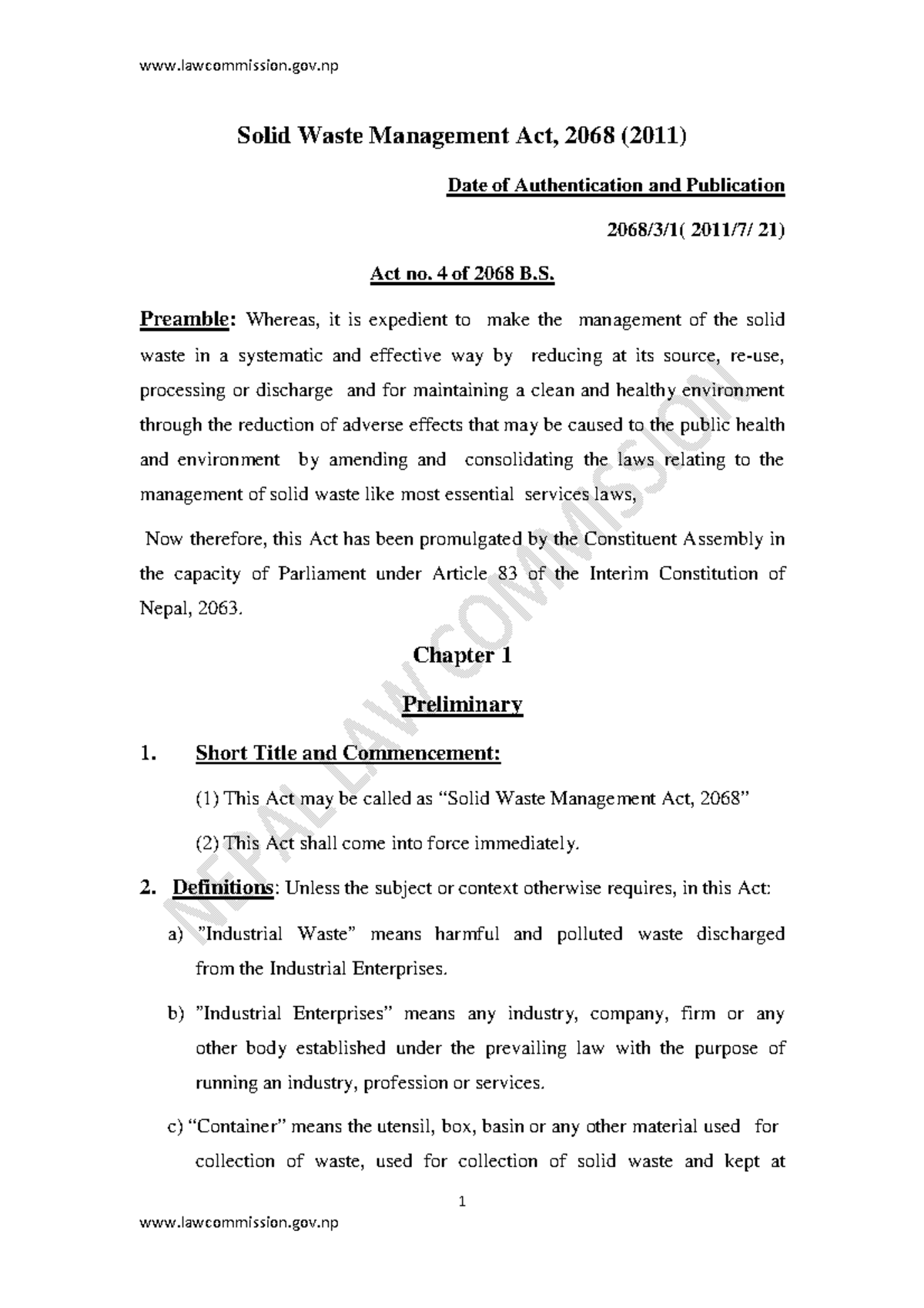 Solid waste act - 1 Solid Waste Management Act, 2068 (2011) Date of ...