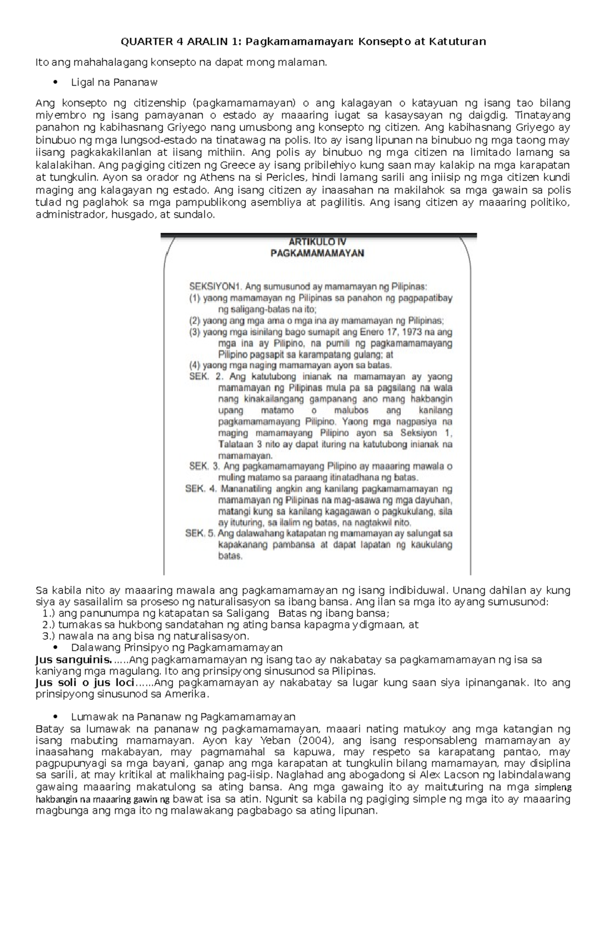 Aralin 1 4 activity for modular - QUARTER 4 ARALIN 1: Pagkamamamayan: Konsepto at Katuturan Ito ...