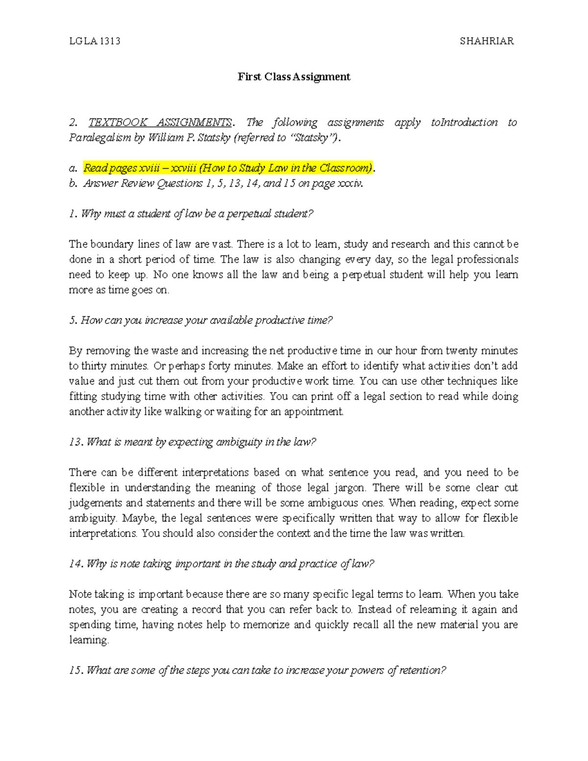 First Class Assignment - TEXTBOOK ASSIGNMENTS. The following assignments apply toIntroduction to ...