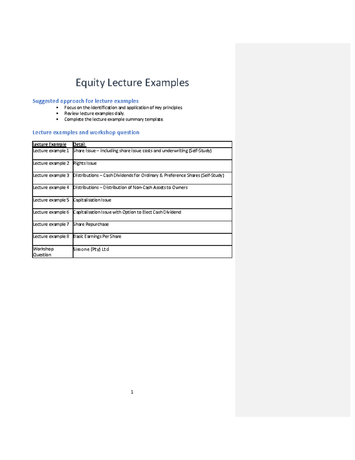 Equity Module Lecture Examples with solutions - Equity Lecture Examples ...