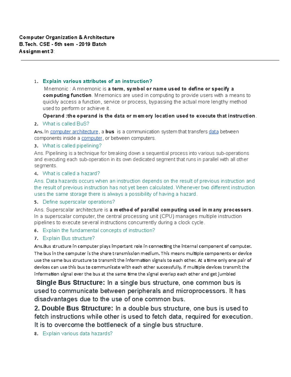 COA Assignments - 3 - Handwritten Assignment - Computer Organization & Architecture B. CSE - 5th ...