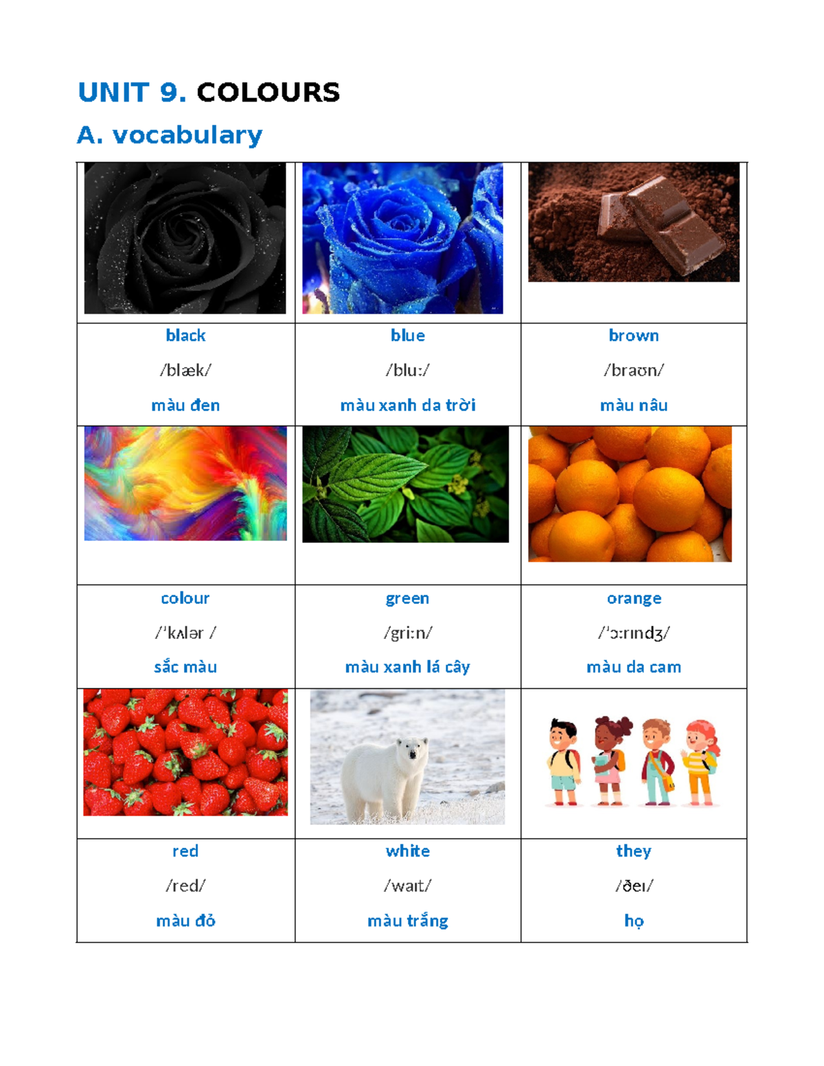 Bài tập bổ trợ anh 3 Global UNIT 9. Colours - UNIT 9. COLOURS A ...