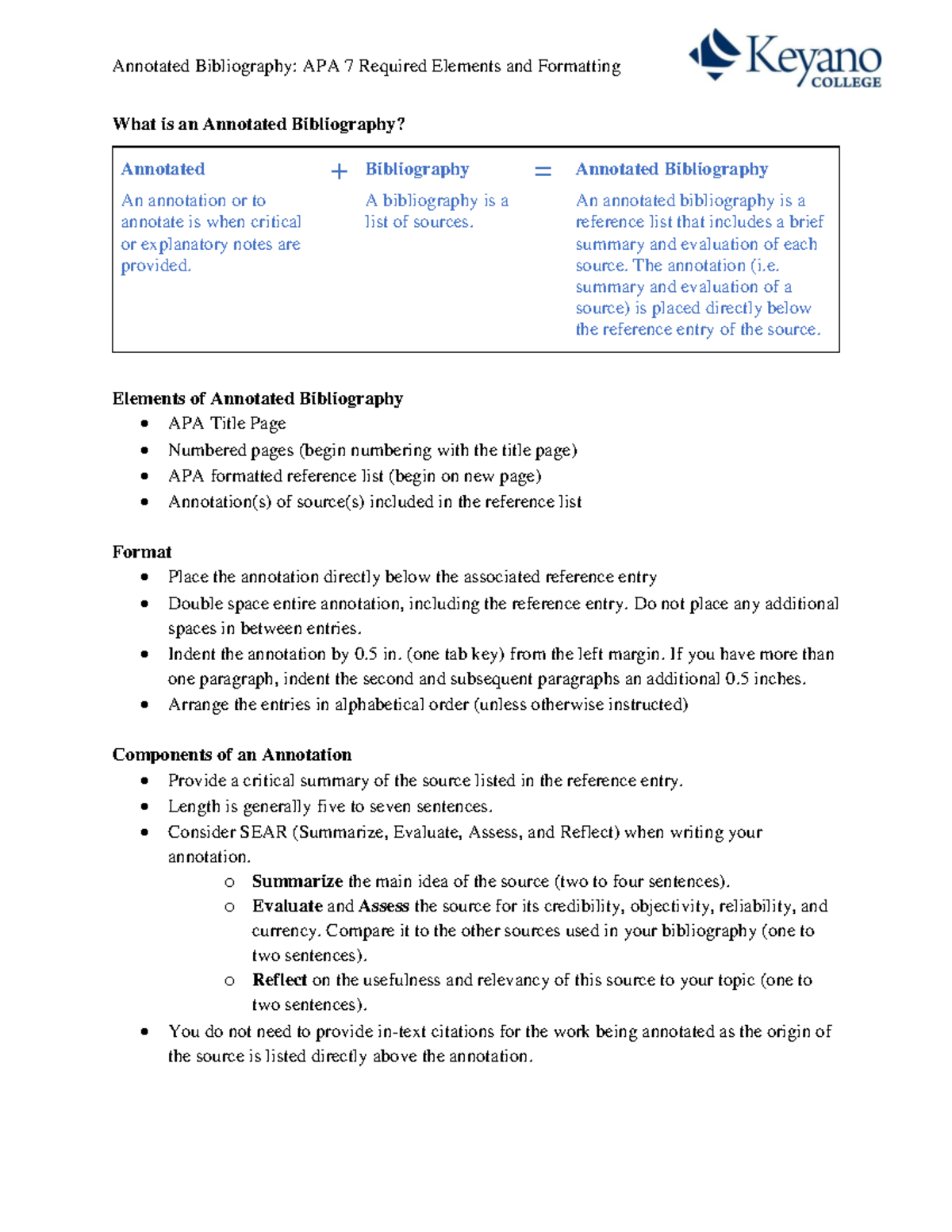 Annotated Bibliography APA 7 Style Keyano Library Guide - Annotated ...