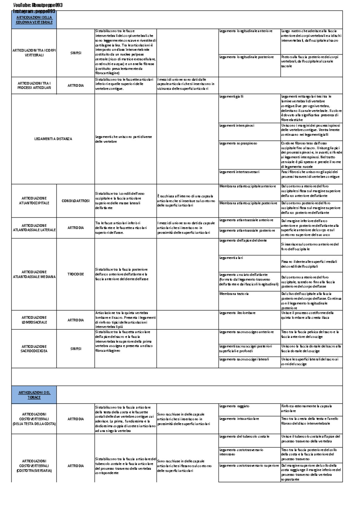 Tabella articolazioni - ARTICOLAZIONIठ⃚DELLAठ⃚ COLONNAठ⃚VERTEBRALE - Studocu