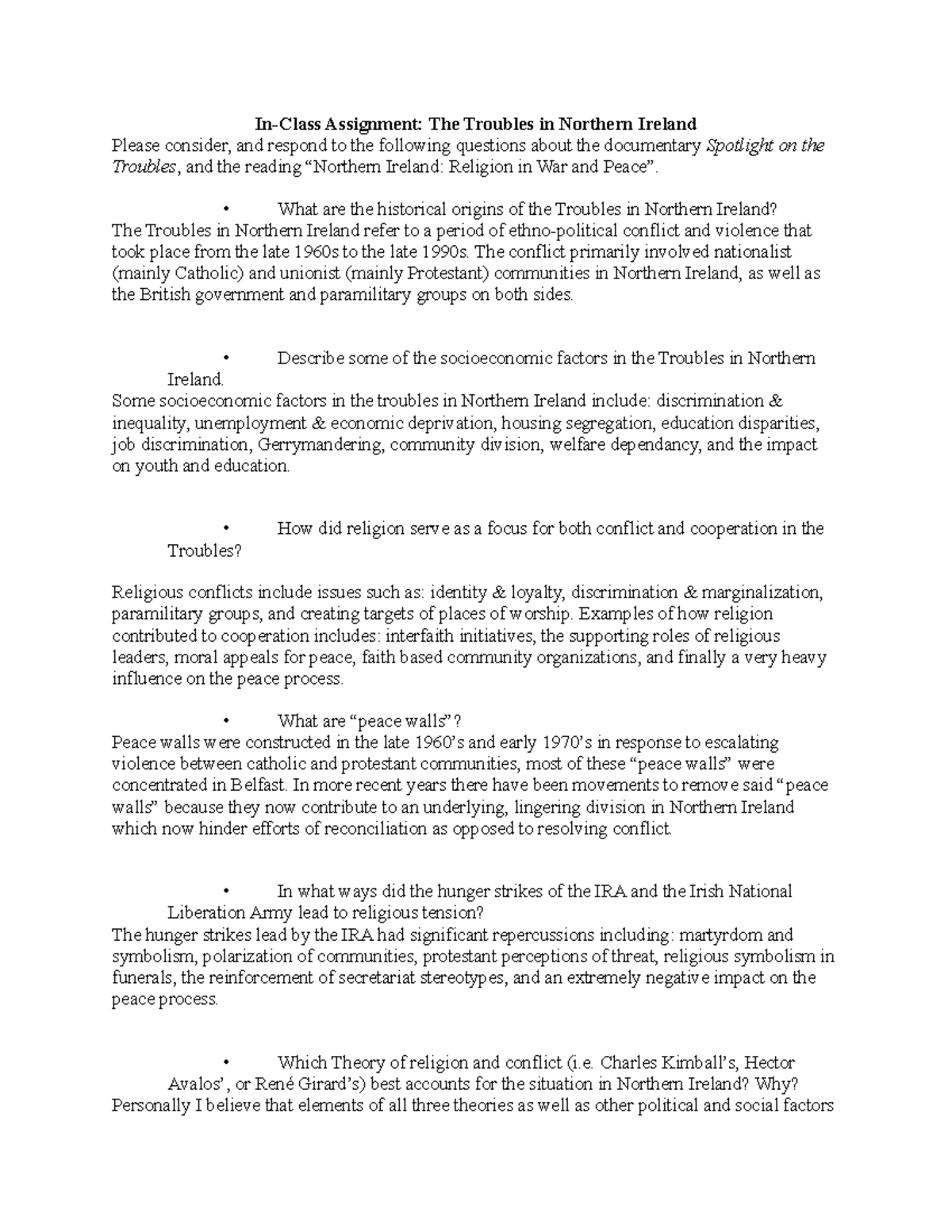 Weeks 6 Participation activity 1SS3 - In-Class Assignment: The Troubles ...