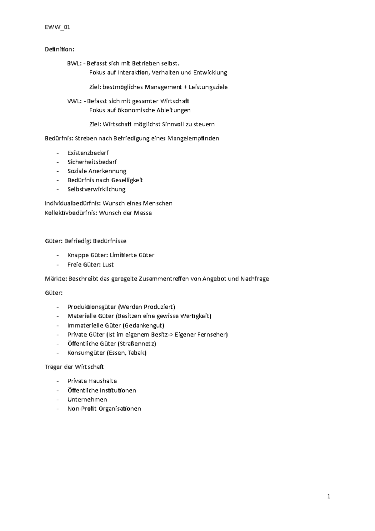 001 EWW - Zusammenfassung Wirtschaftsinformatik - EWW_ Definition: BWL ...