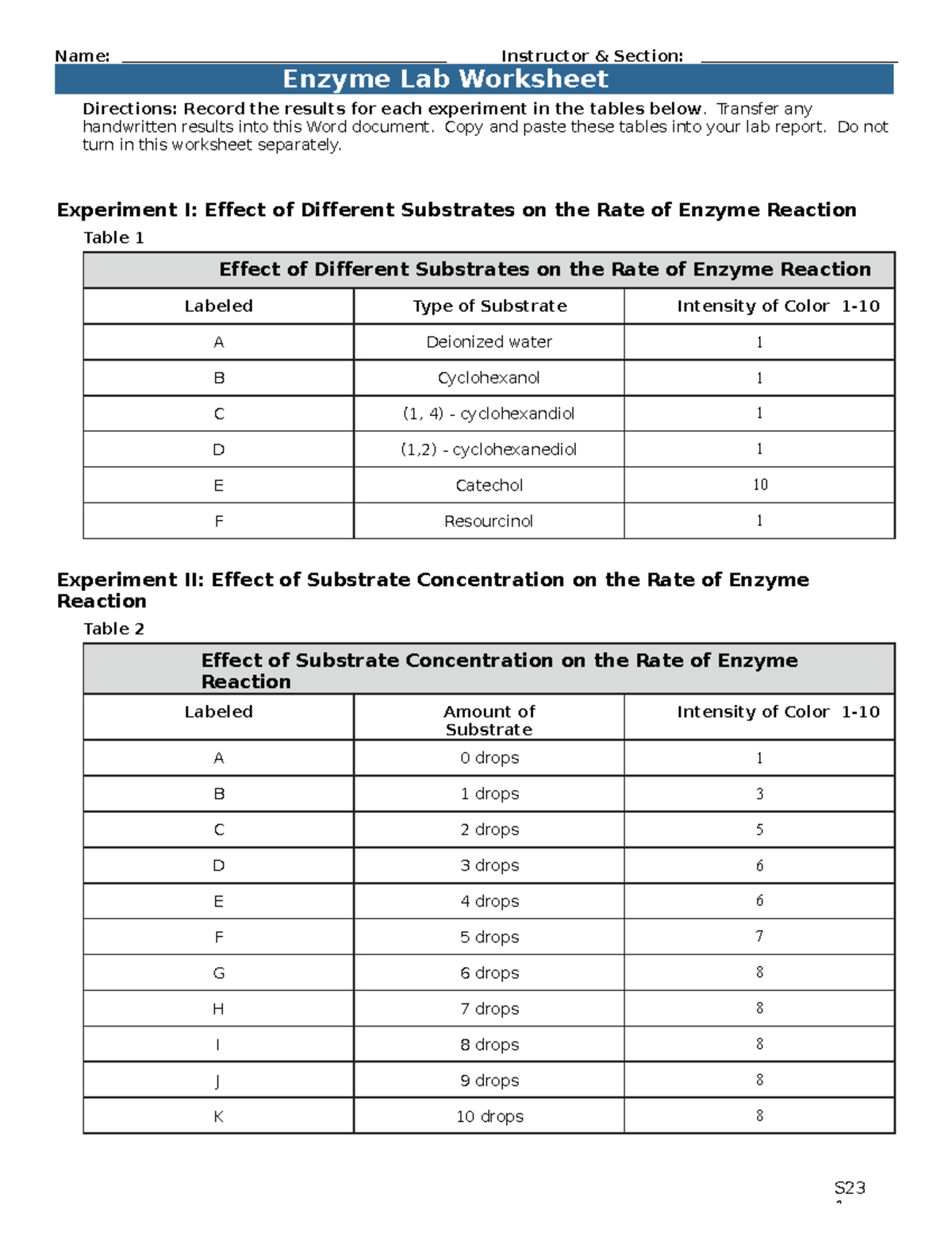 S23 Enzyme Lab Worksheet - Directions: Record the results for each ...