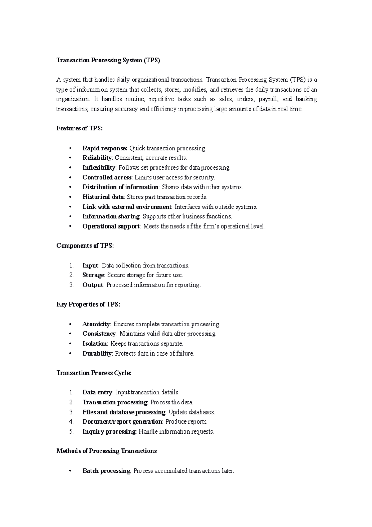 Bis module 2 - Simple notes - Transaction Processing System (TPS) A ...