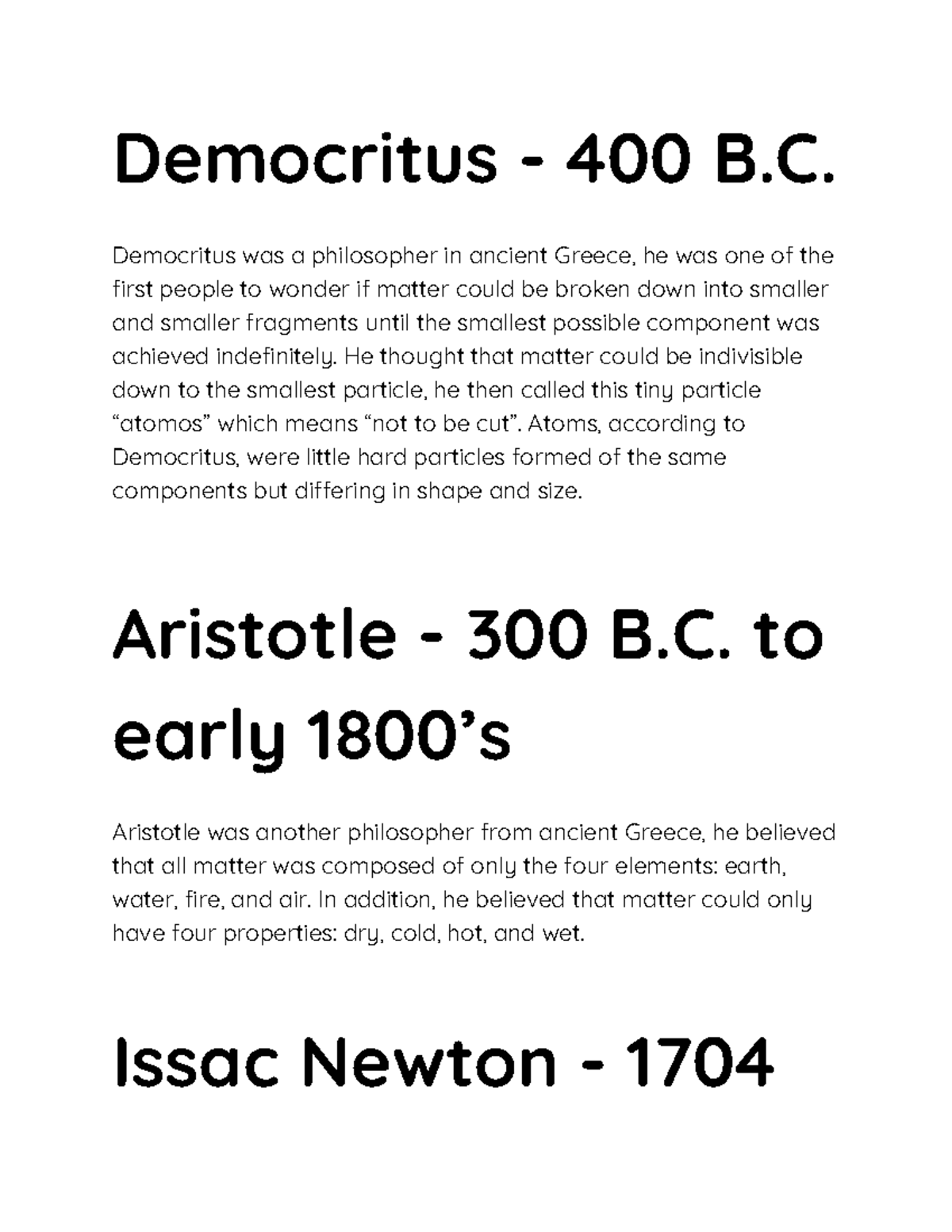 Atomic therory time line - Democritus - 400 B. Democritus was a ...