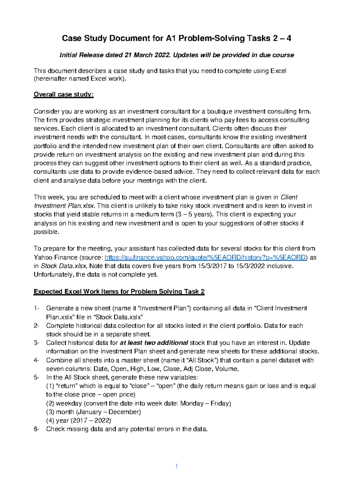 A1 Tasks 2-4 Case Study Document - 1 Case Study Document for A1 Problem ...