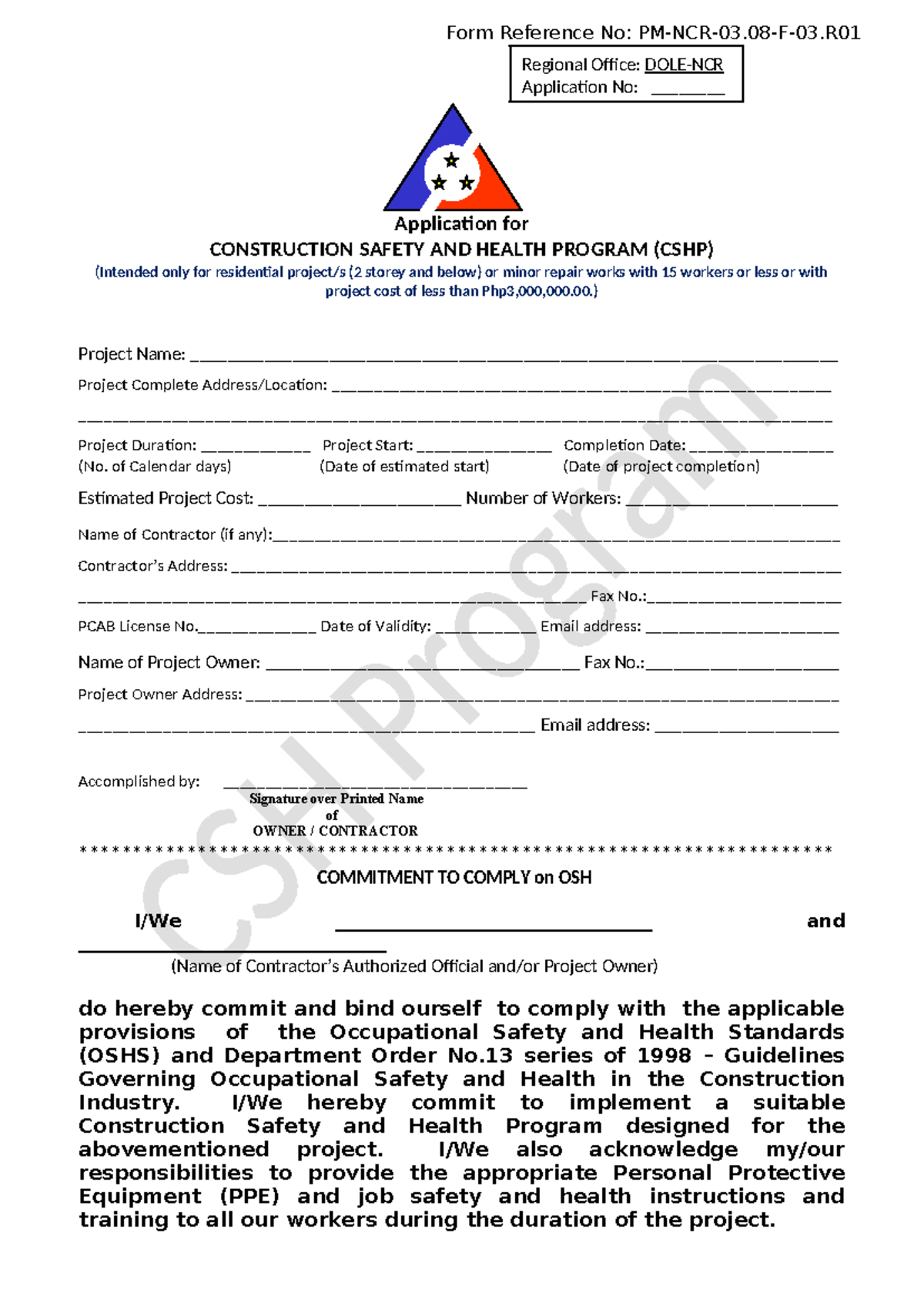 Simplified CSHP Application Form - Form Reference No: PM-NCR-03.08-F-03 ...