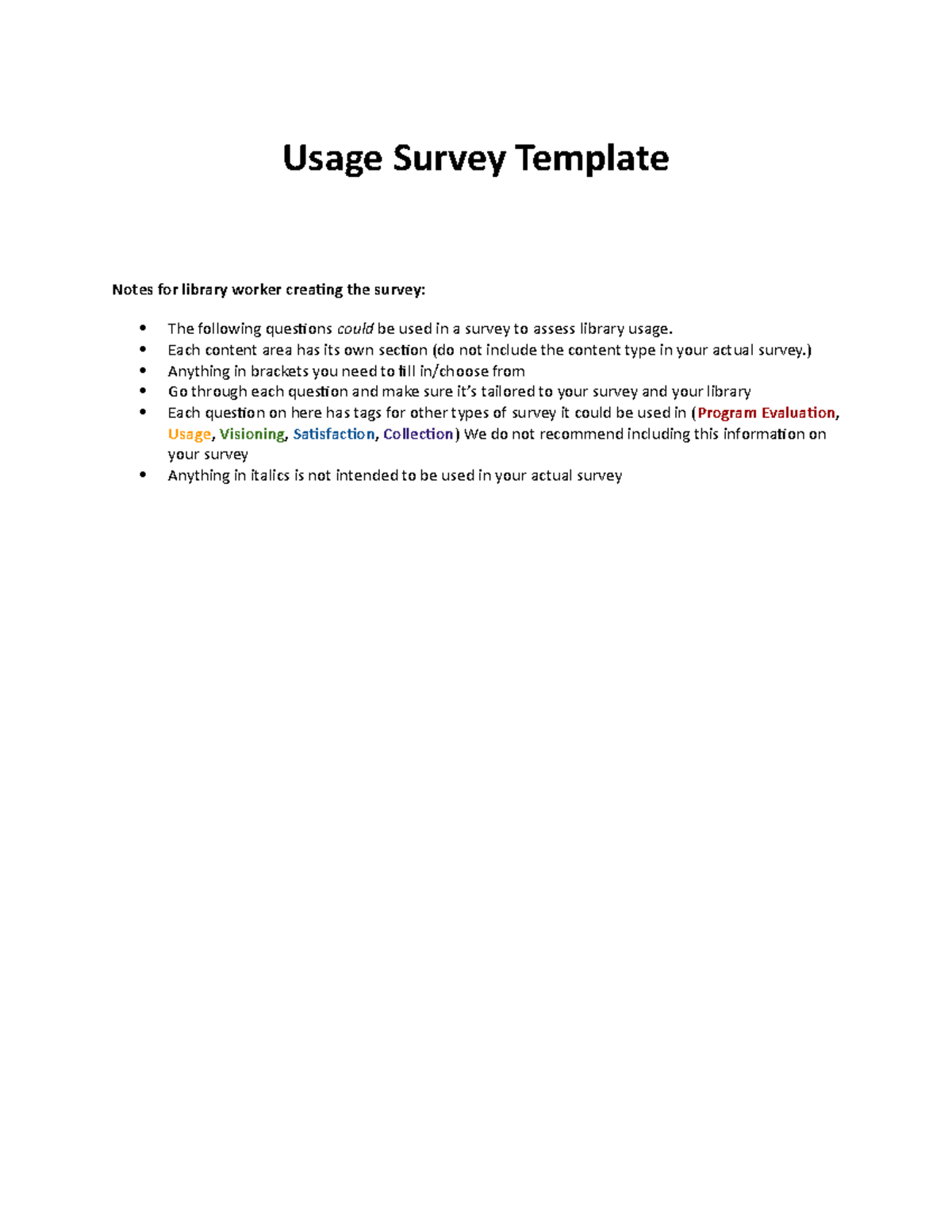 SURVEY TEMPLATE - Usage Survey Template Notes for library worker ...