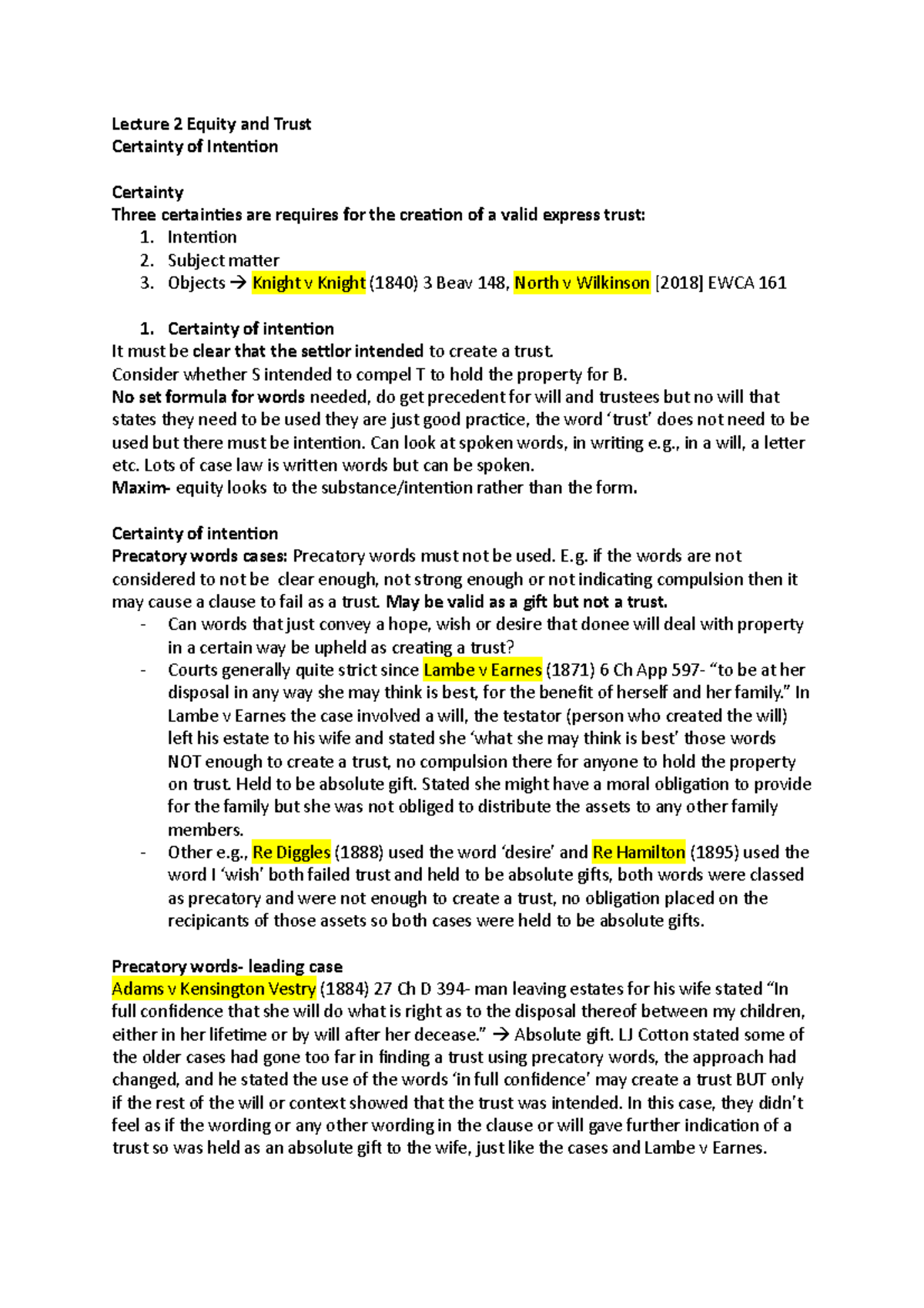 Equity and Trust Certainty of Intention - Studocu