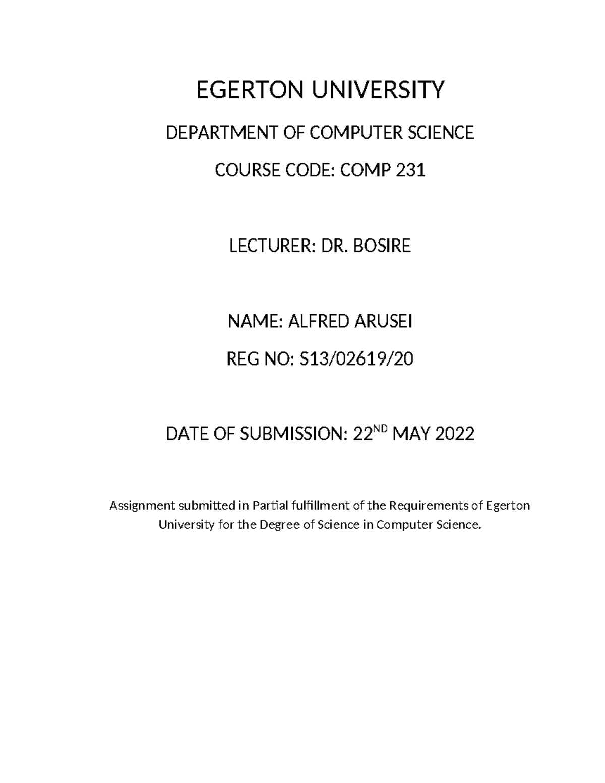 COMP 231 Assignment 2 - EGERTON UNIVERSITY DEPARTMENT OF COMPUTER ...