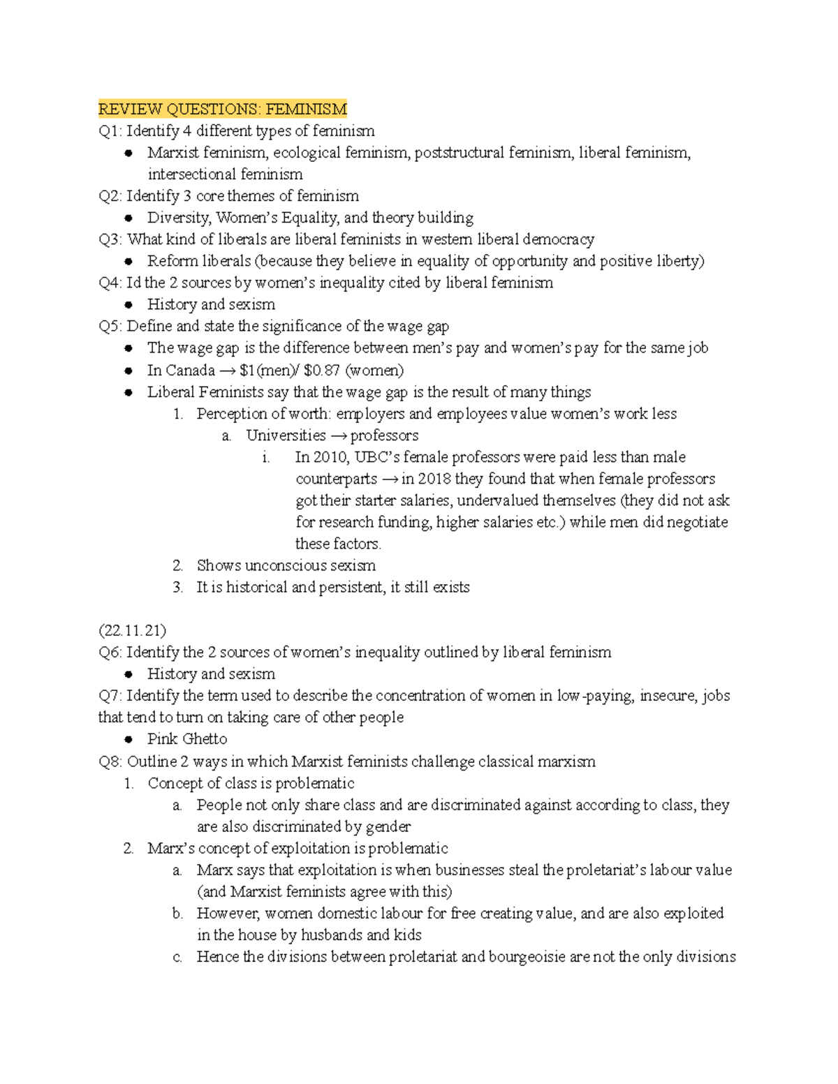 Review Questions Feminism - REVIEW QUESTIONS: FEMINISM Q1: Identify 4 ...