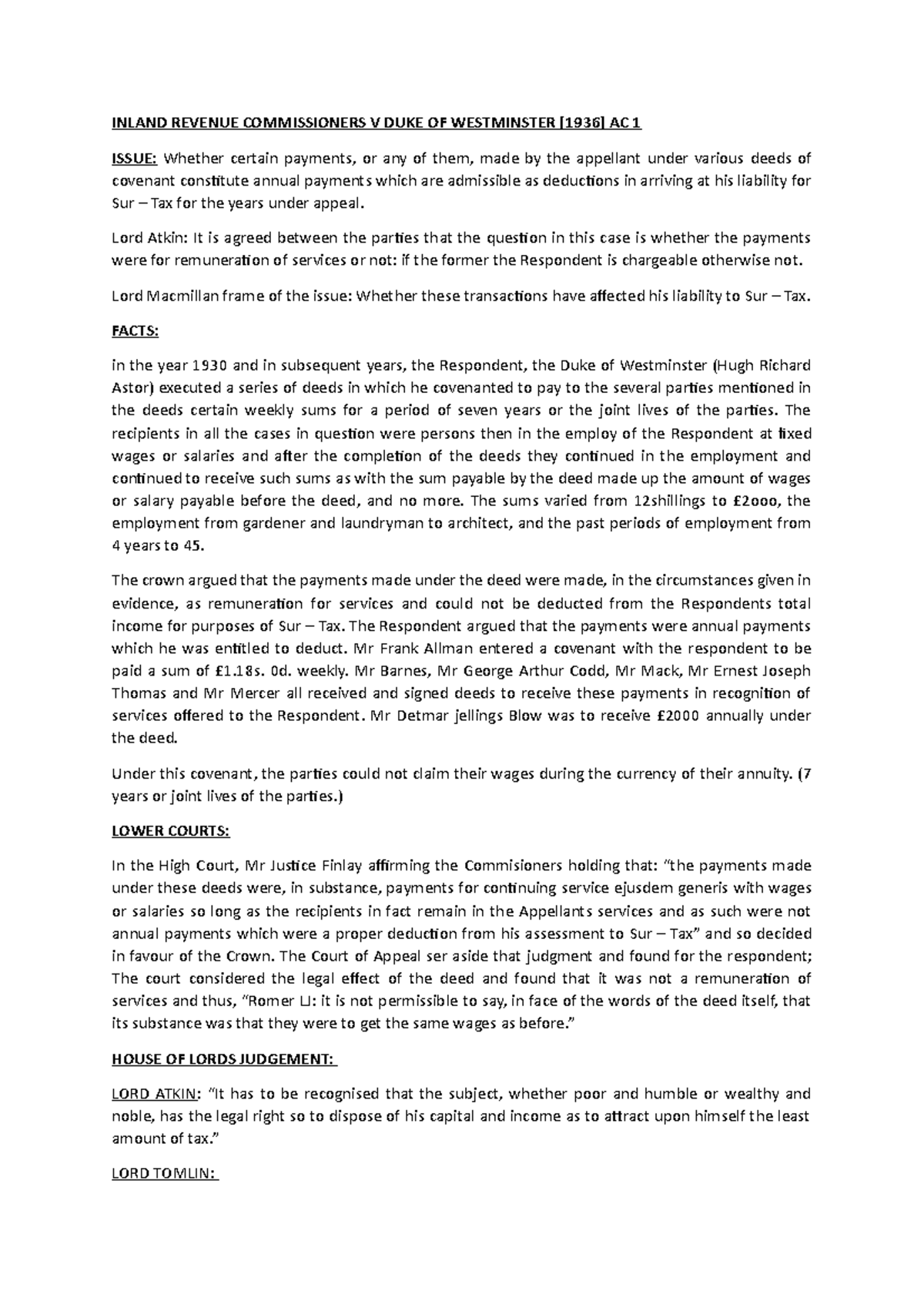 Inland Revenue Commissioners V DUKE OF Westminster - INLAND REVENUE ...