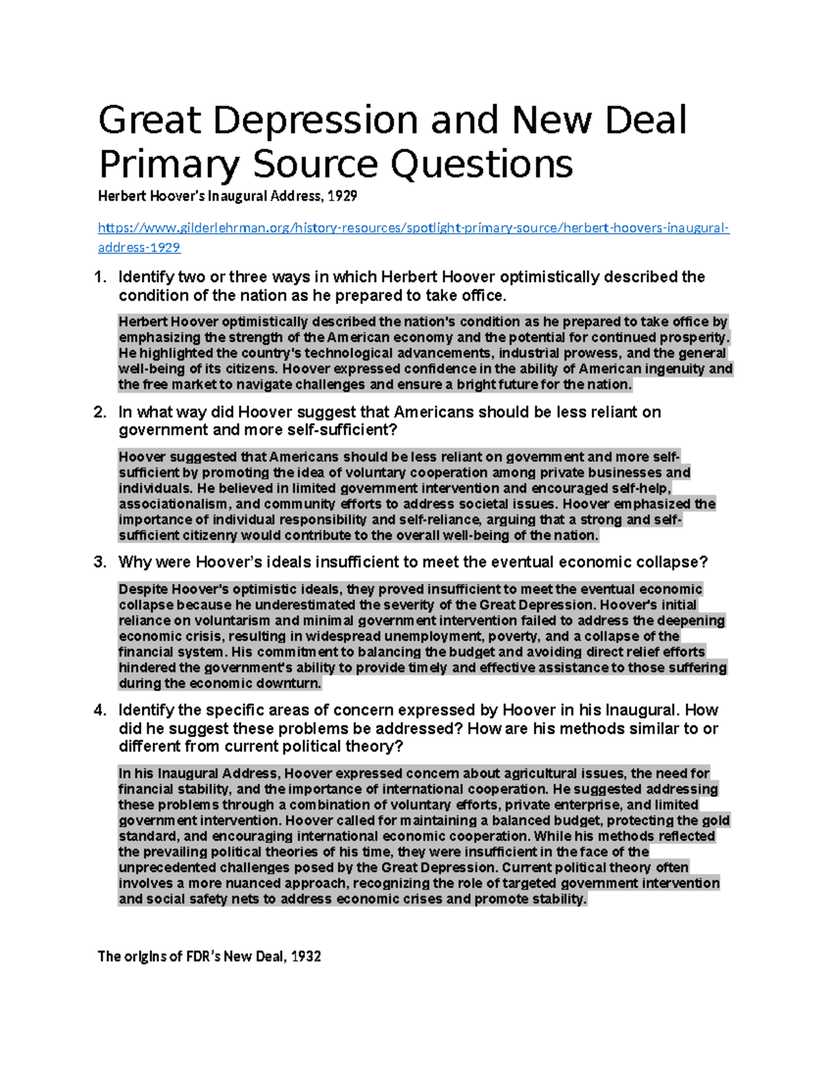 FDR Primary source questions - Great Depression and New Deal Primary ...