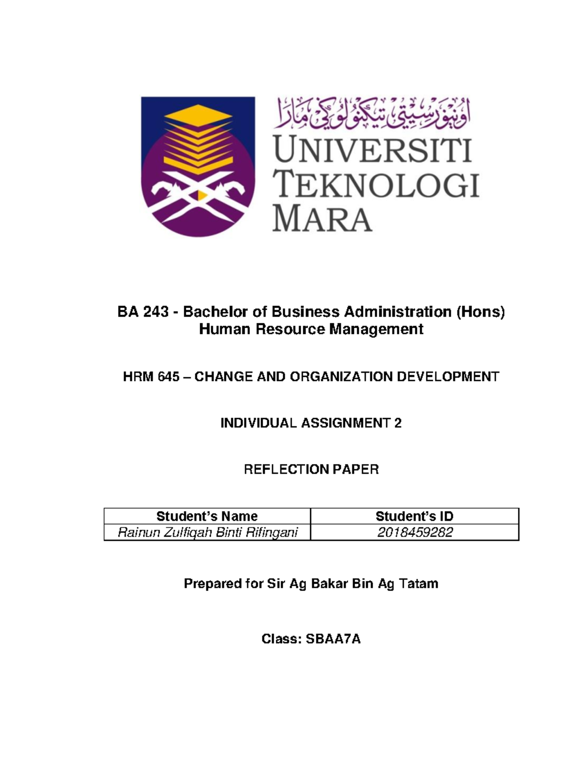 HRM645 Reflection Paper MAC JULY 2021 - BA 243 - Bachelor of Business Administration (Hons ...