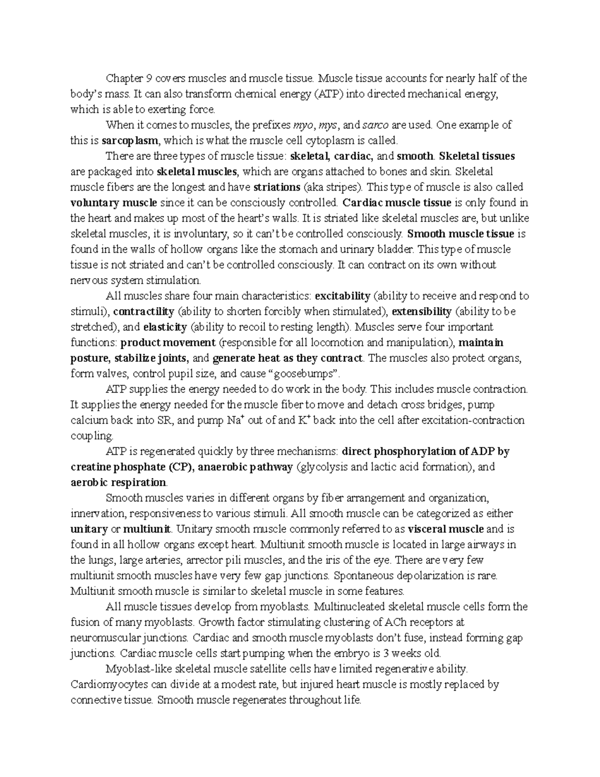 Cheroske Chapter 9 Lecture Summary - Chapter 9 covers muscles and ...