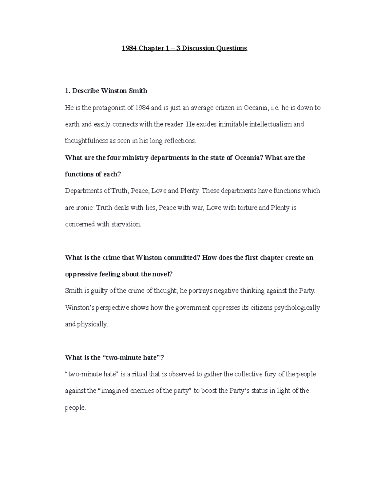 1984 Discussion Questions and Essay - 1984 Chapter 1 – 3 Discussion ...